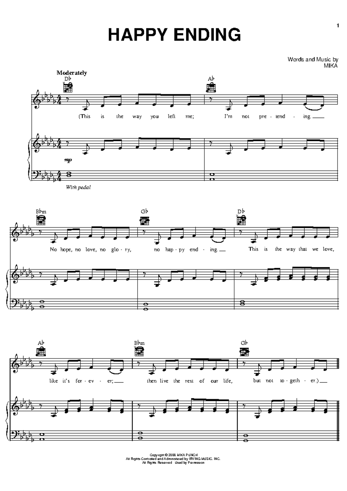 Mika-Happy Ending-Sheet Music Download - Moderately HAPPY ENDING Words ...
