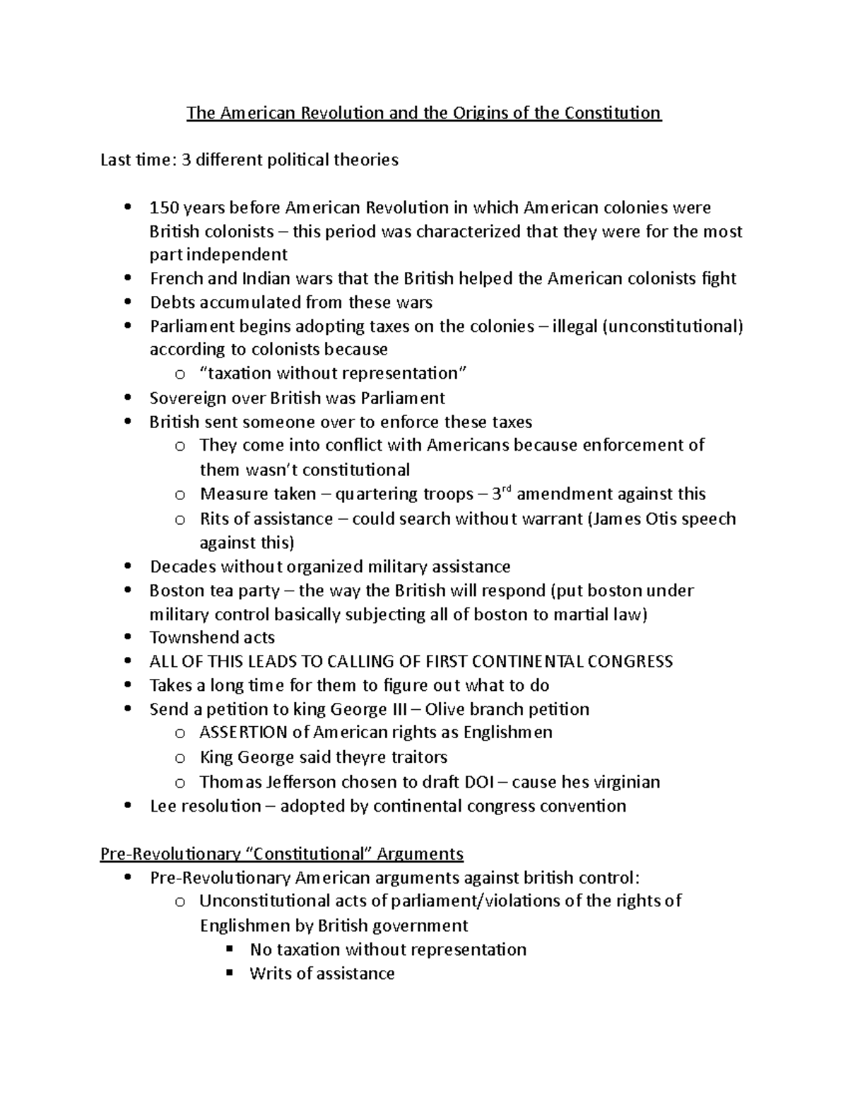 Lecture 2 Class notes - The American Revolution and the Origins of the ...