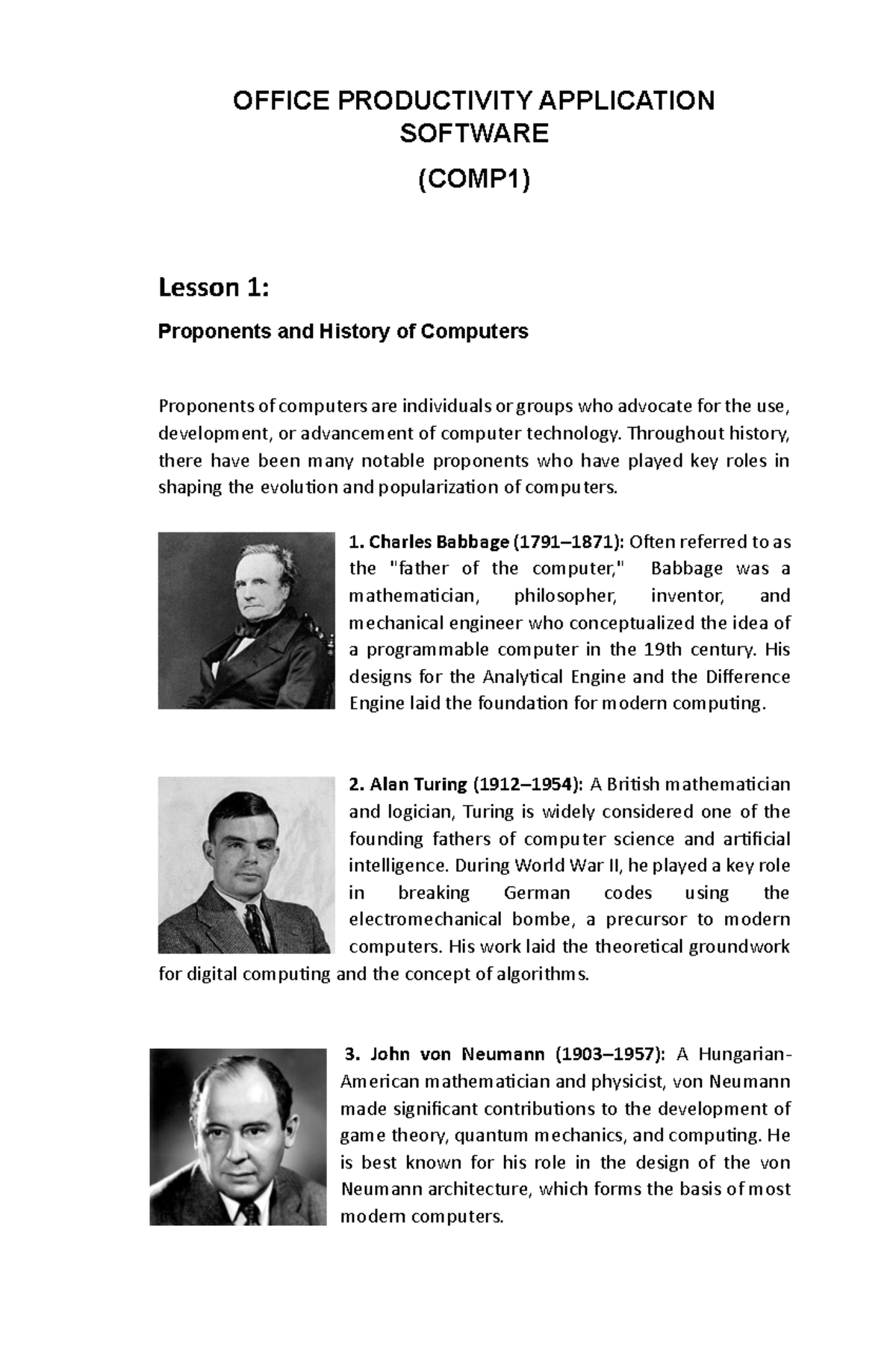 Lesson 1 - Key people developed Compter technology - OFFICE ...