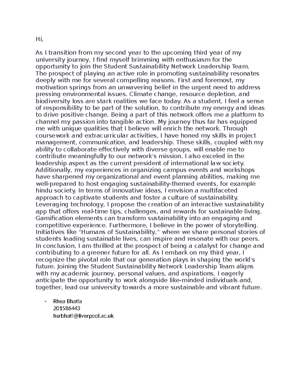 Sustainabilty team - rhea bhatia - Hi, As I transition from my second ...