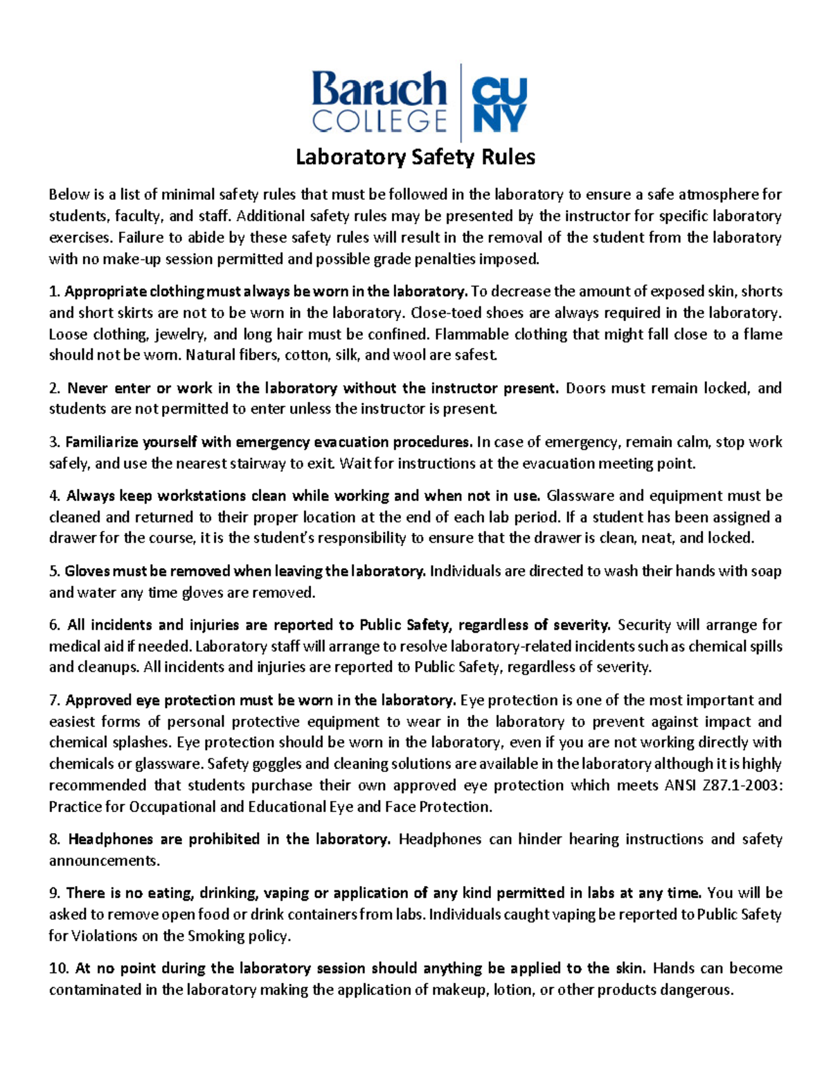 Baruch Laboratory Safety Rules Fall 2023 - Laboratory Safety Rules ...
