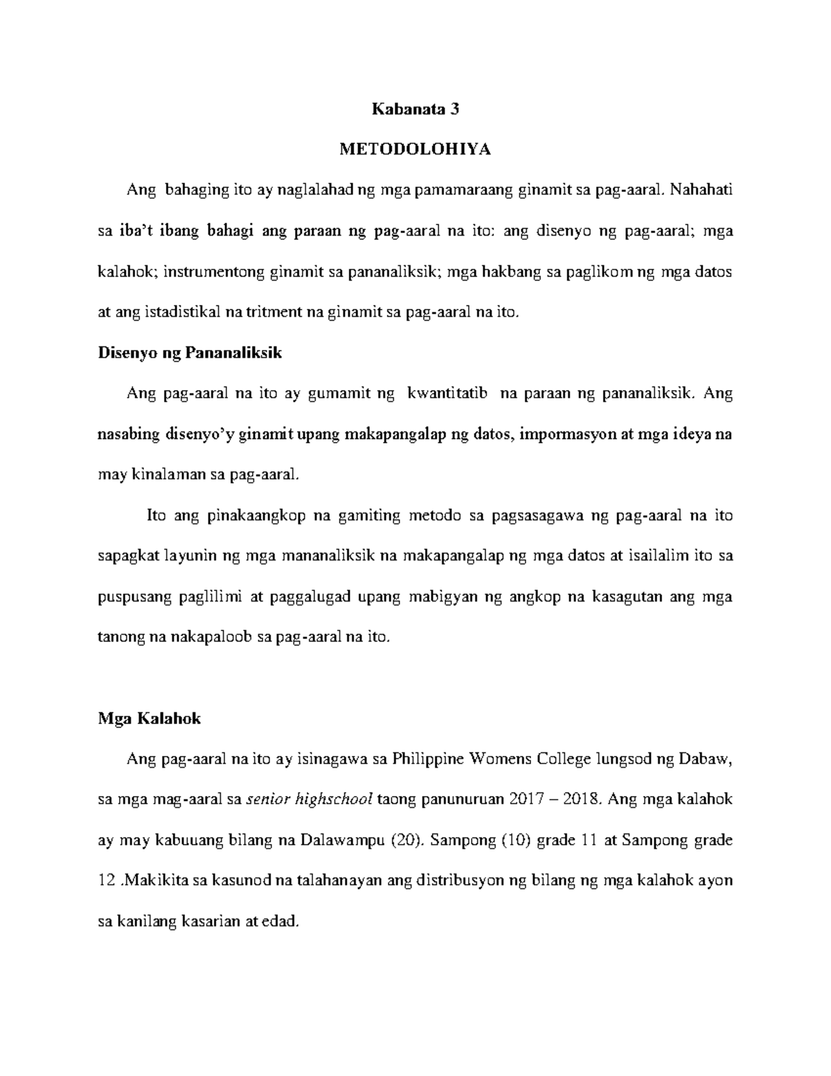 Pdfcoffee - amjbkjahskdjxh - Kabanata 3 METODOLOHIYA Ang bahaging ito ...