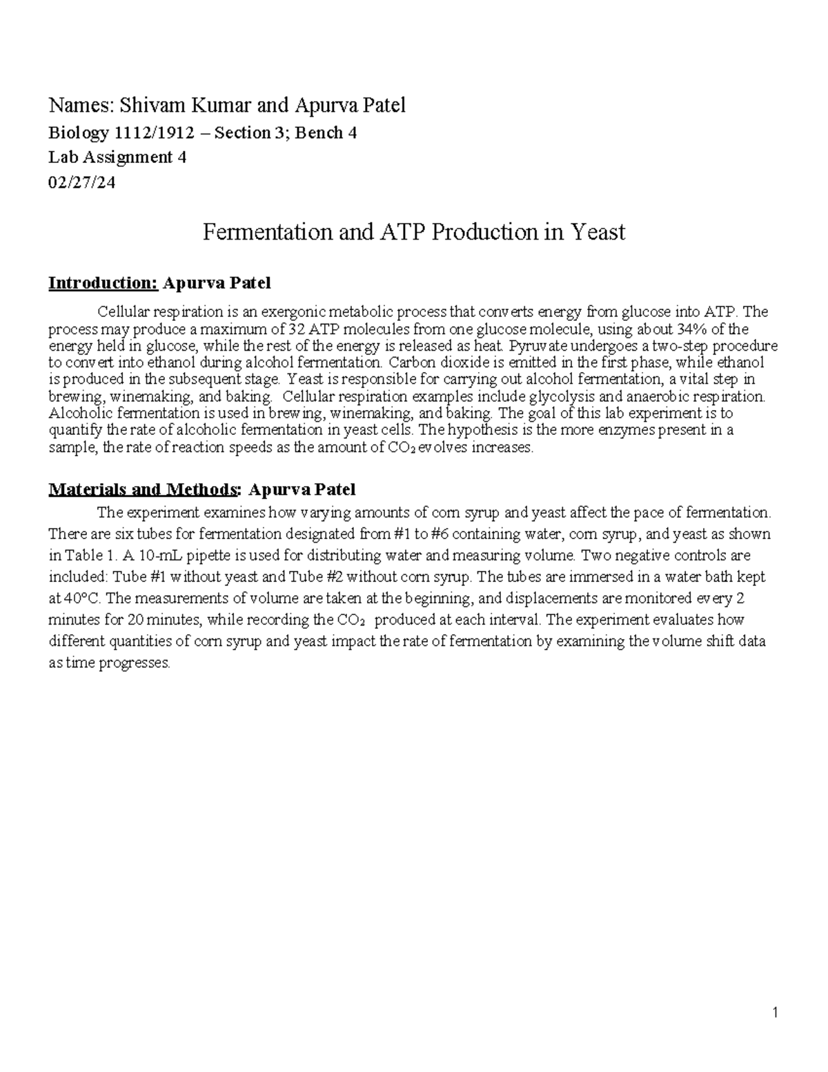 Lab 4 Fermentation Lab Report - Names: Shivam Kumar and Apurva Patel ...