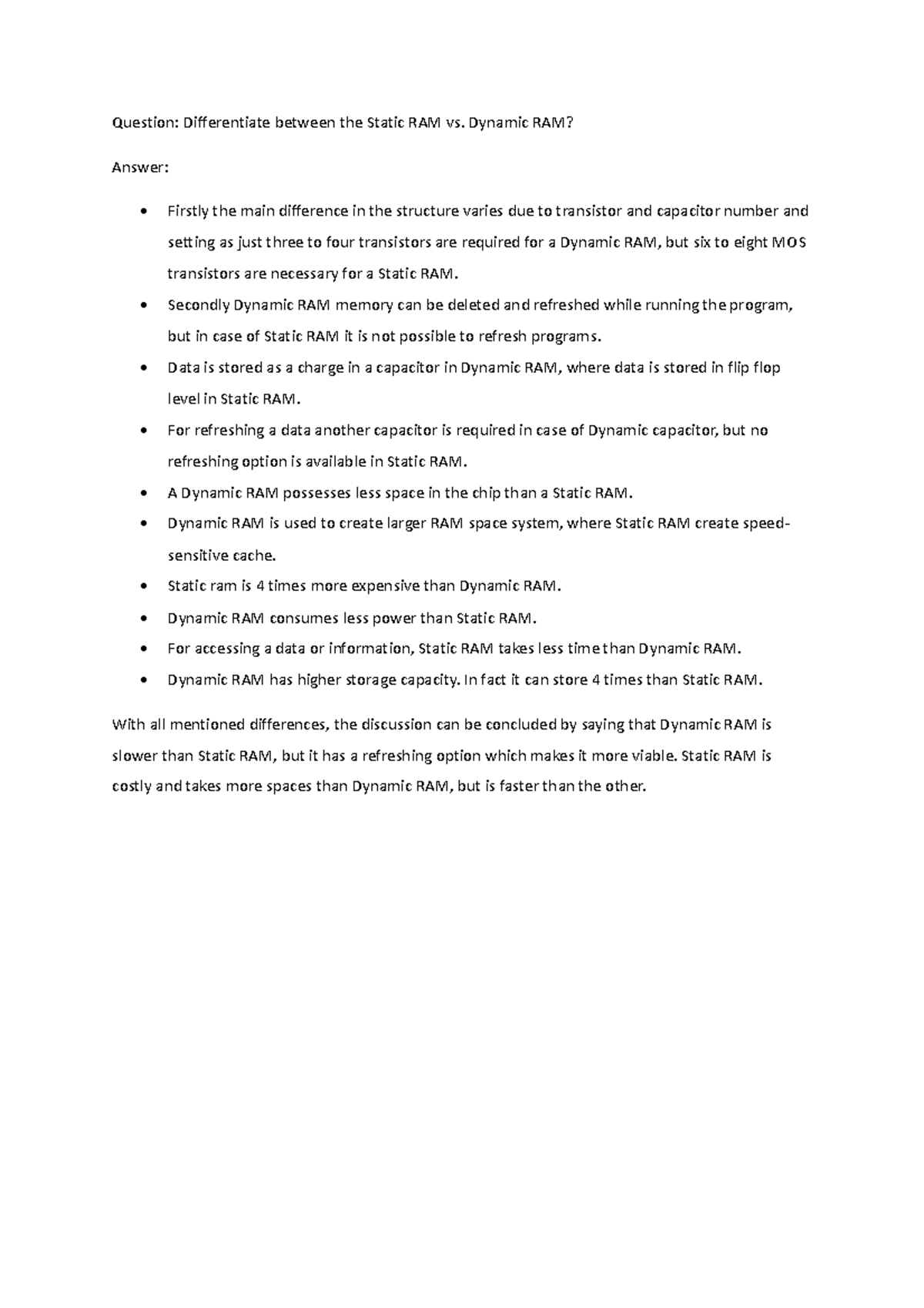 Differentiate between the Static RAM vs. Dynamic RAM - Question ...
