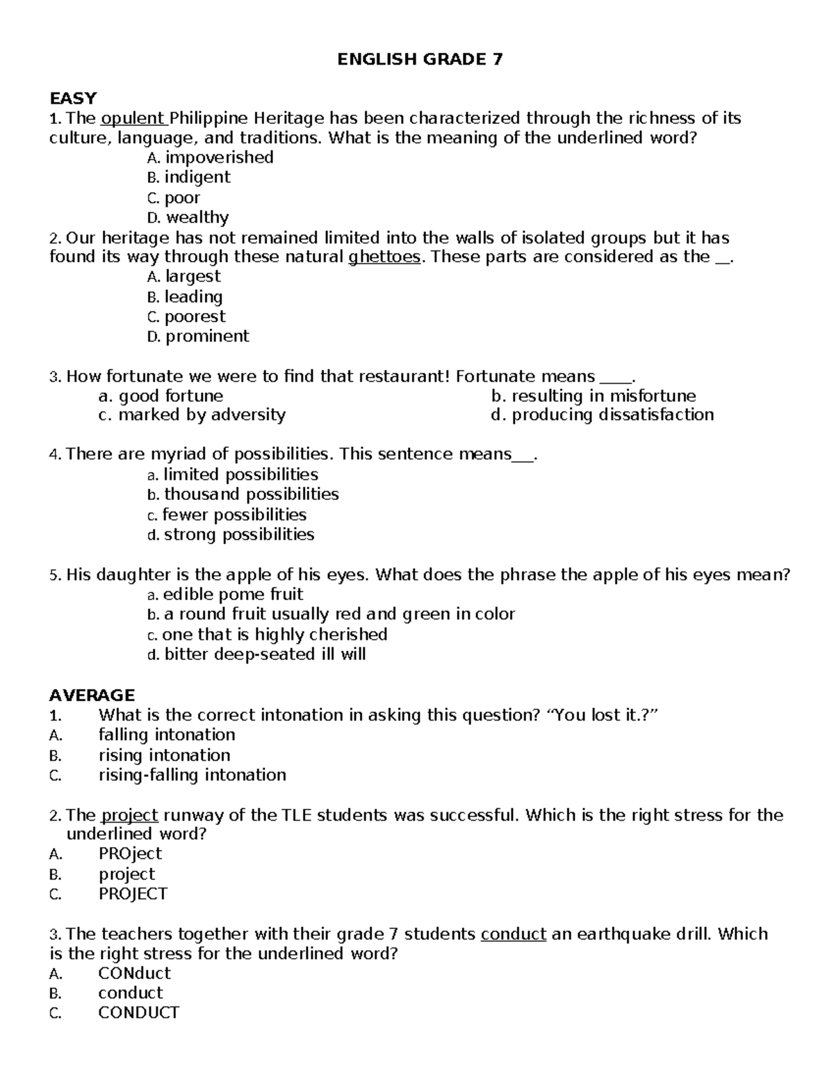 Grade 710 English Quiz Bee Reviewer - ENGLISH GRADE 7 EASY The opulent ...
