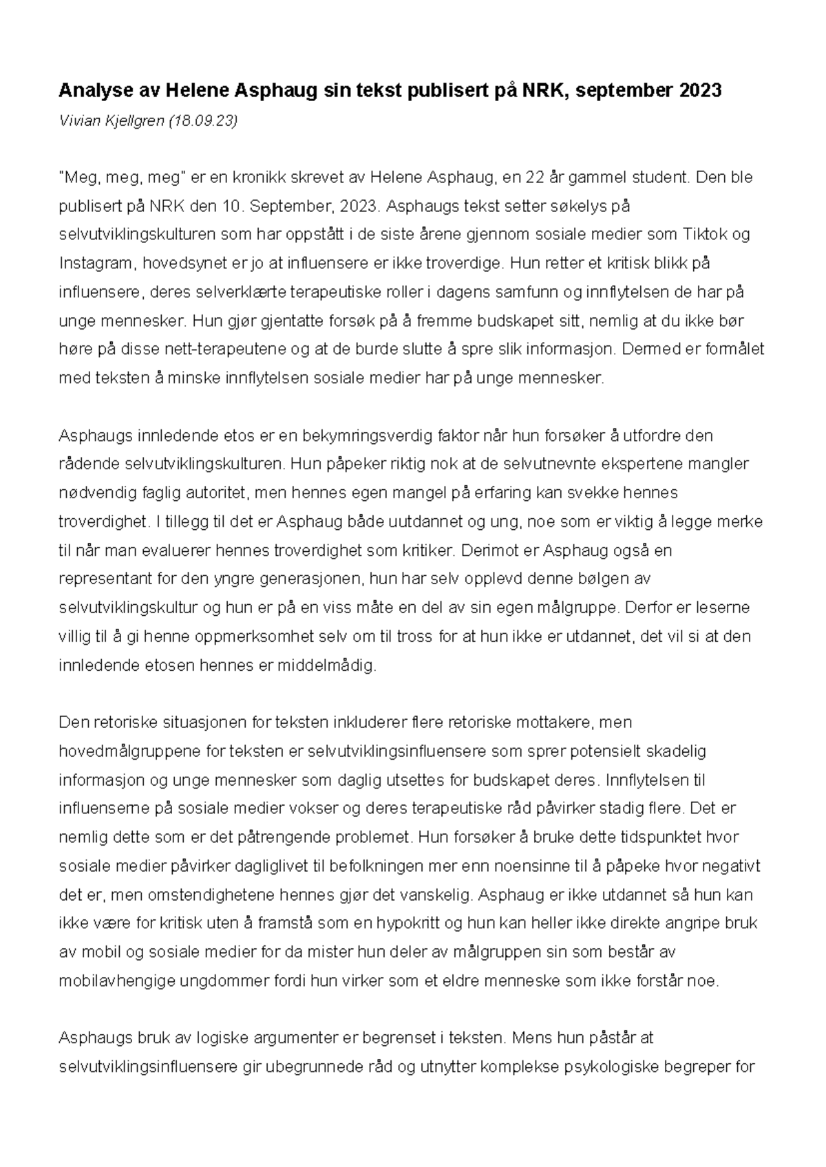 Retorisk analyse - norsk (18 - Analyse av Helene Asphaug sin tekst publisert på NRK, september ...