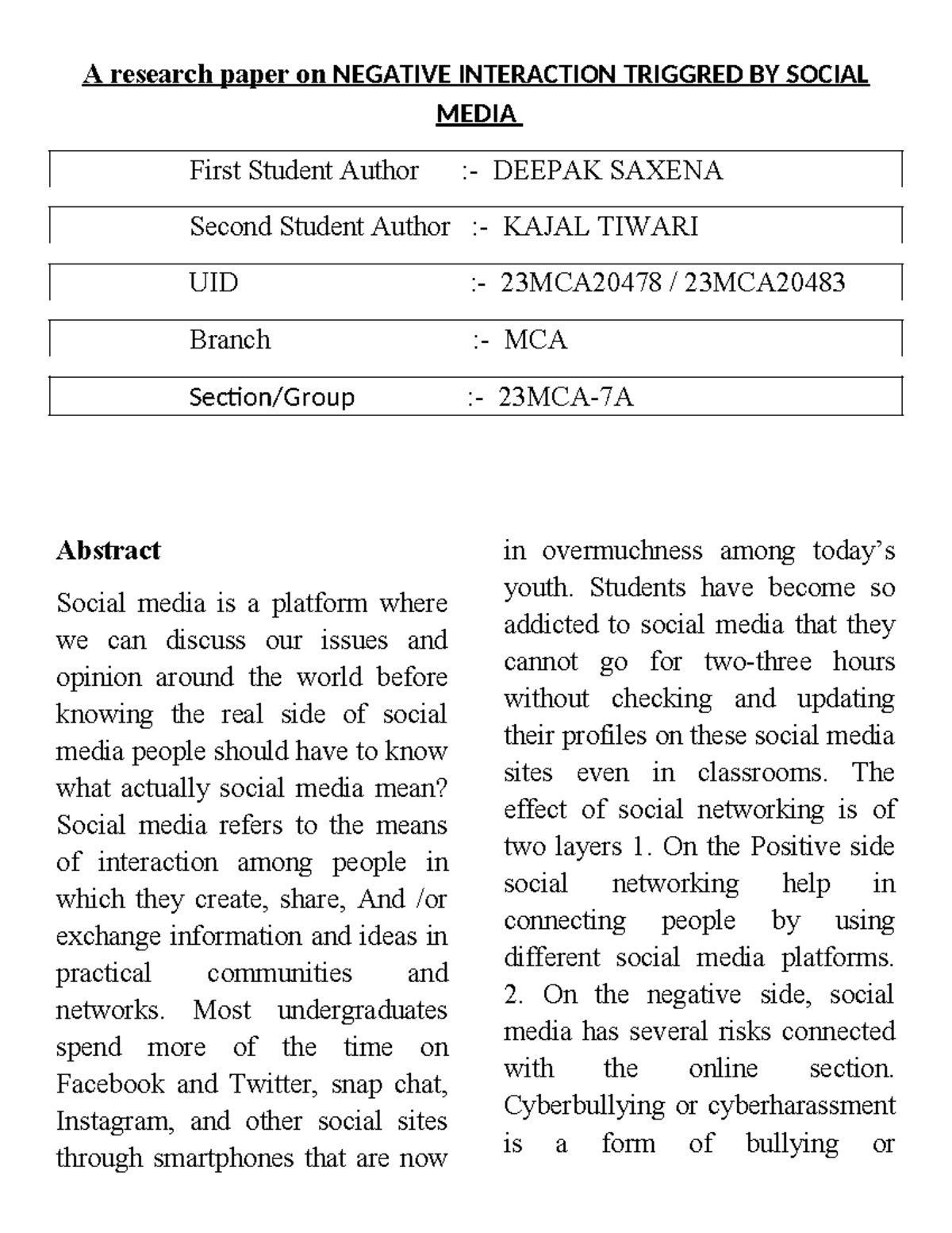 Negative Interaction Triggered by Social - A research paper on NEGATIVE ...