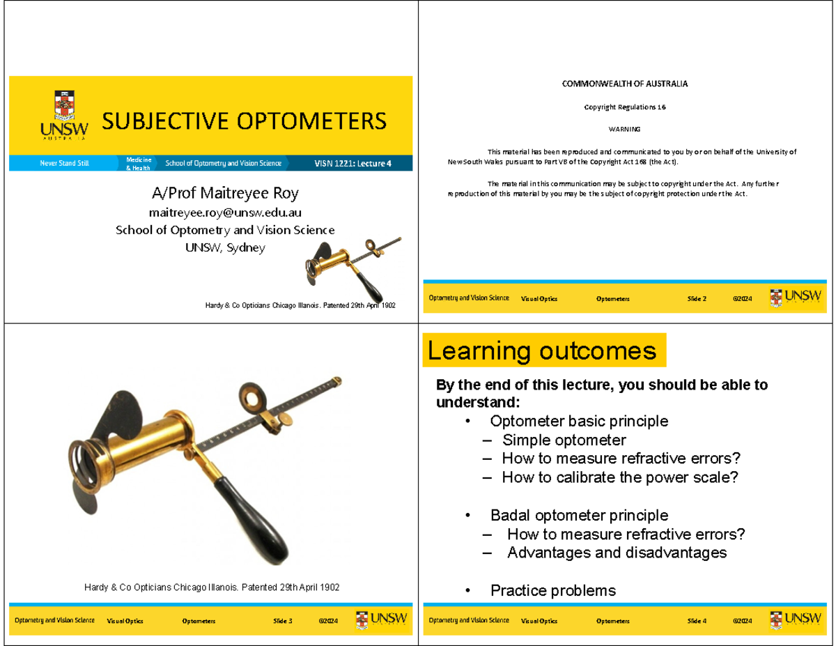 Lecture 4 Optometer 2024 - SUBJECTIVE OPTOMETERS VISN 1221: Lecture 4 A ...