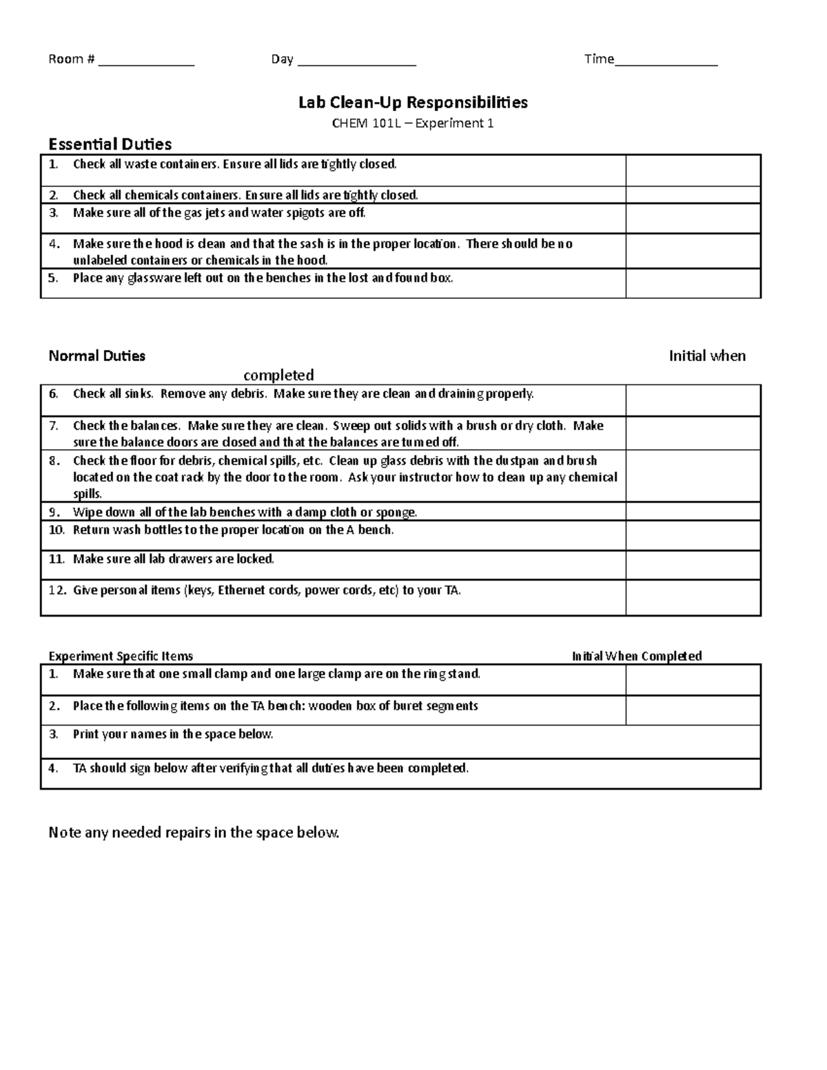 Exp1cleanup - Assignment - Room # _____________ Day ...