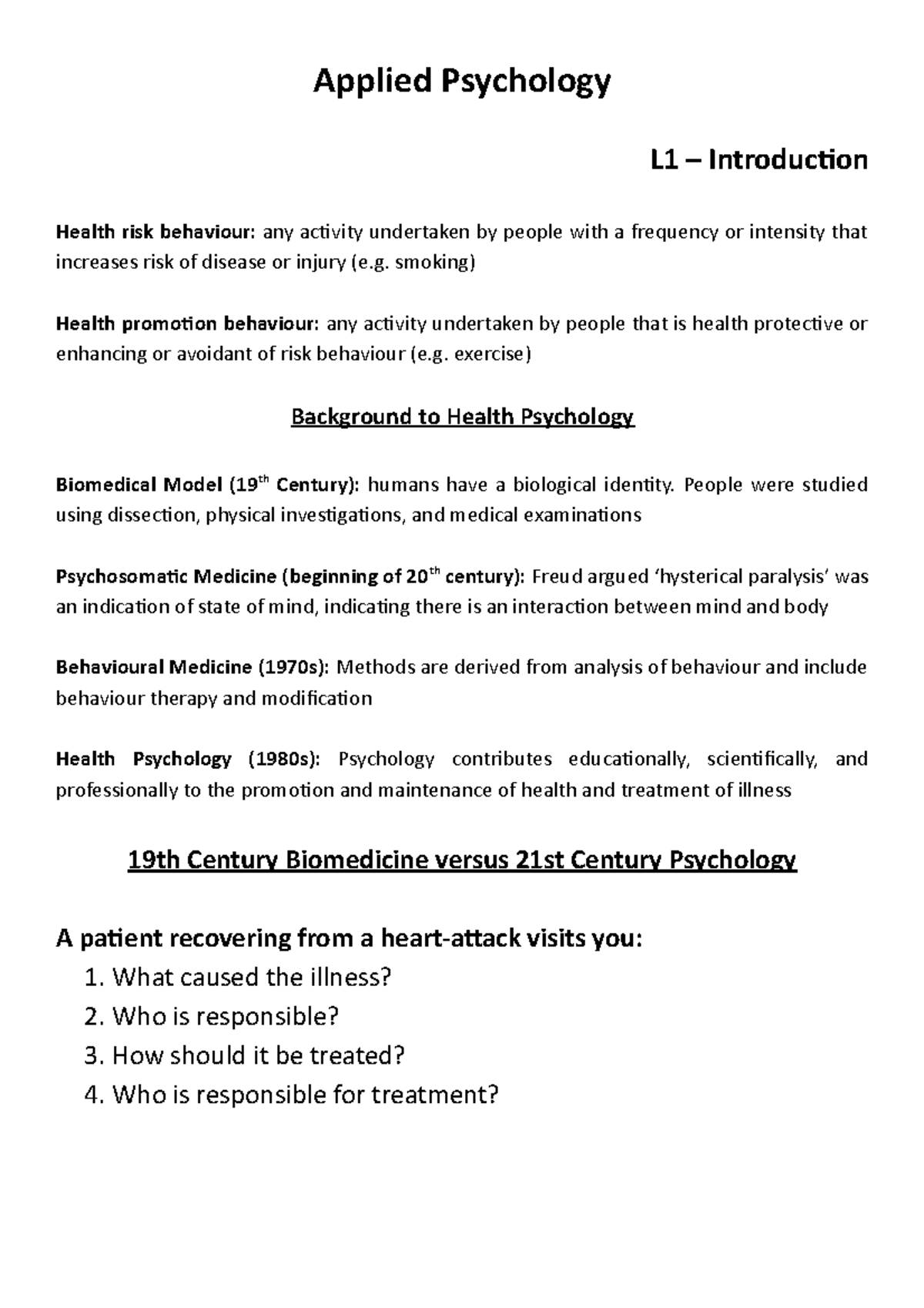 N1 Introduction Lecture Notes 1 Applied Psychology L1 Introduction Health Risk Behaviour