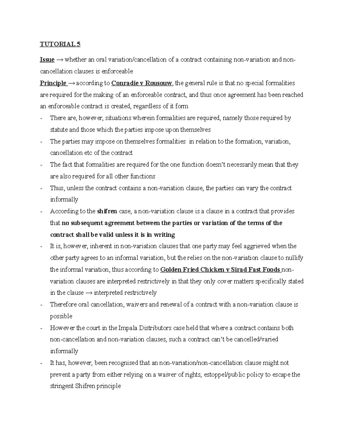 Tutorial 5 - Issue → whether an oral variation/cancellation of a ...