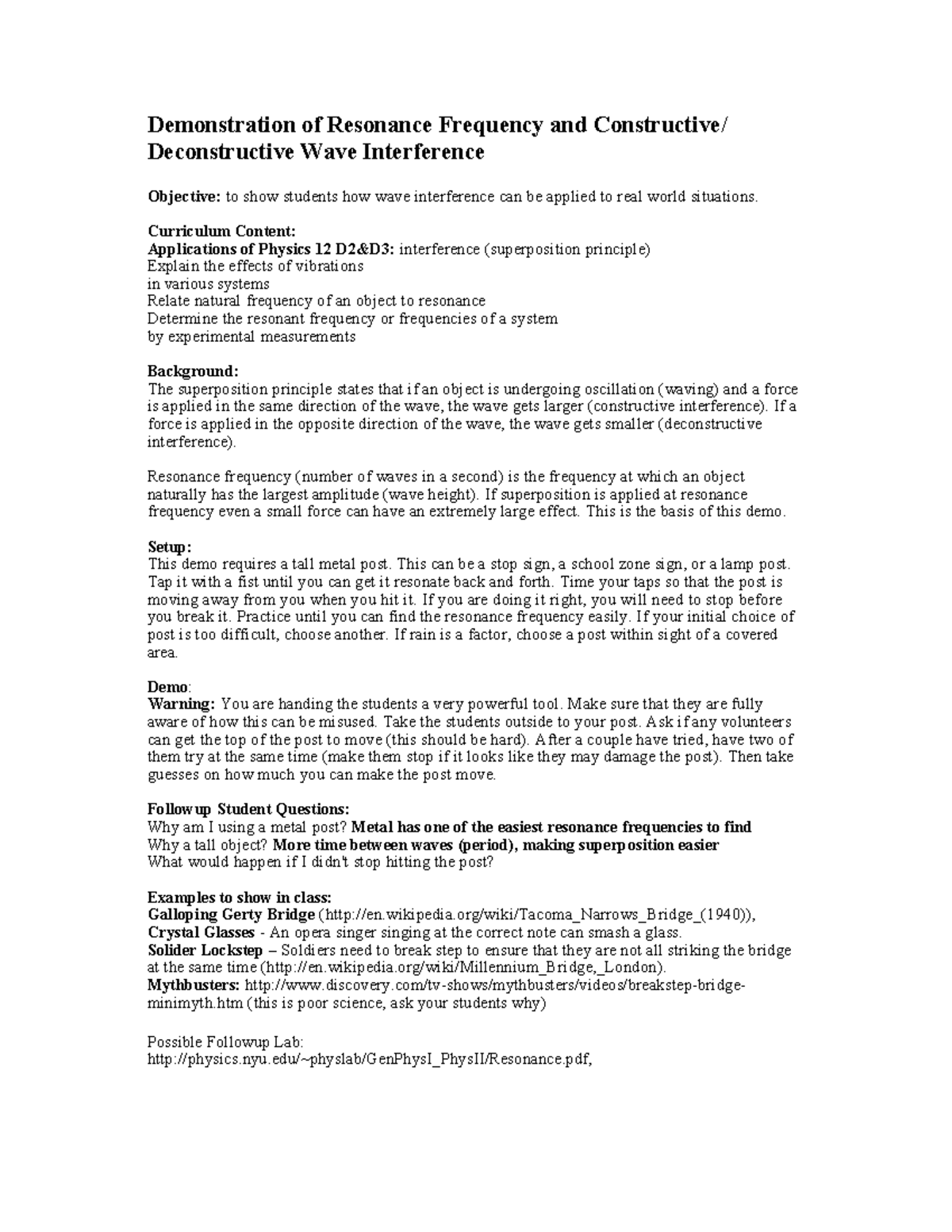 Resonance Frequency Demo - Demonstration of Resonance Frequency and ...
