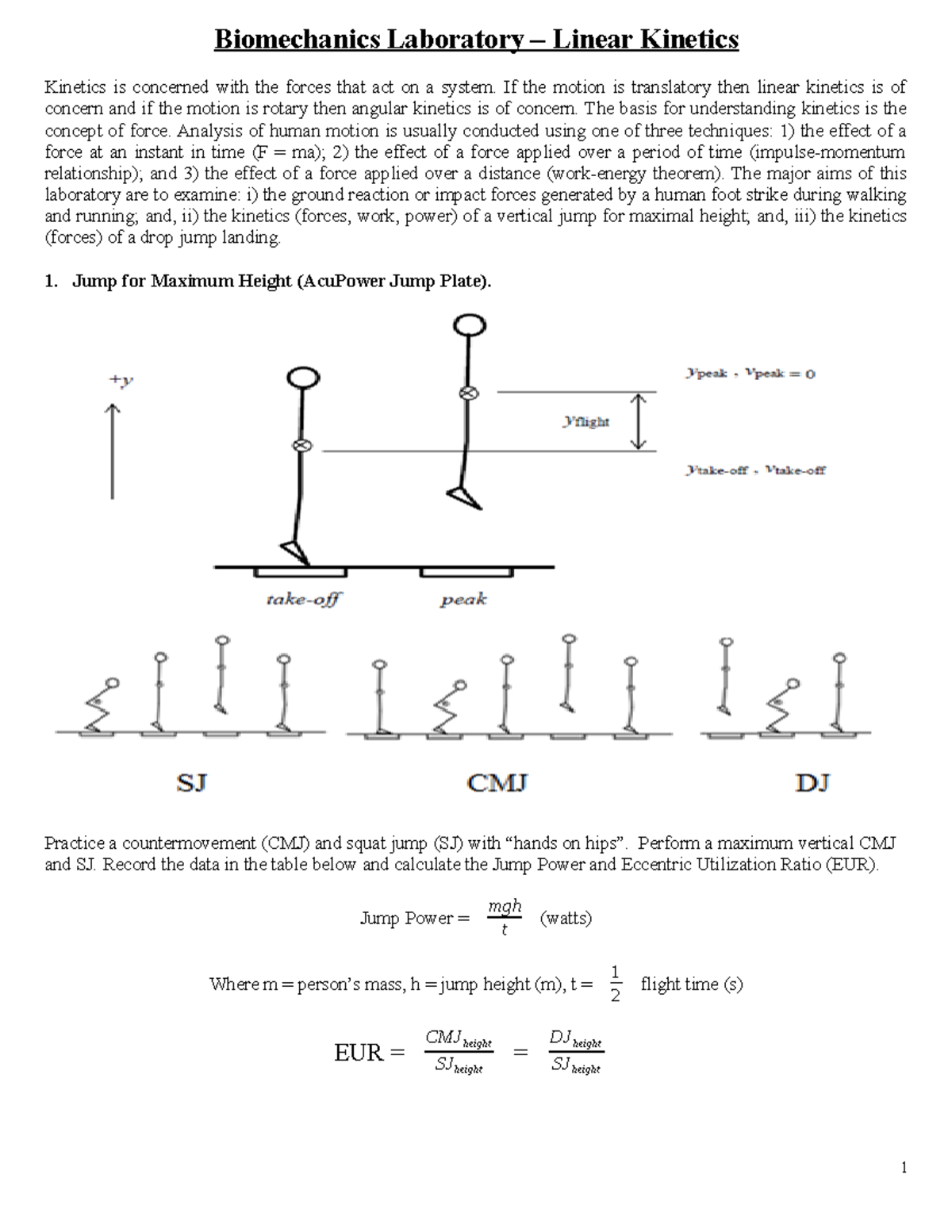 Kinetics Laboratory Guide - Biomechanics Laboratory – Linear Kinetics ...