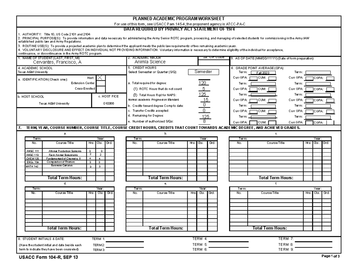 104-R Planned Academic Worksheet Shell 1 1 - 1. AUTHORITY: Title 10, US ...