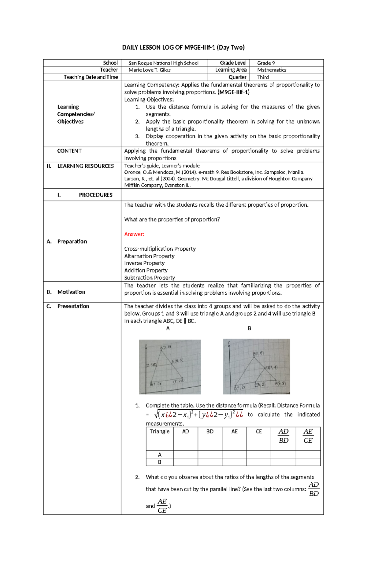 G9 Q3 W4 D3 - DAILY LESSON LOG OF M9GE-IIIf-1 (Day Two) School San ...