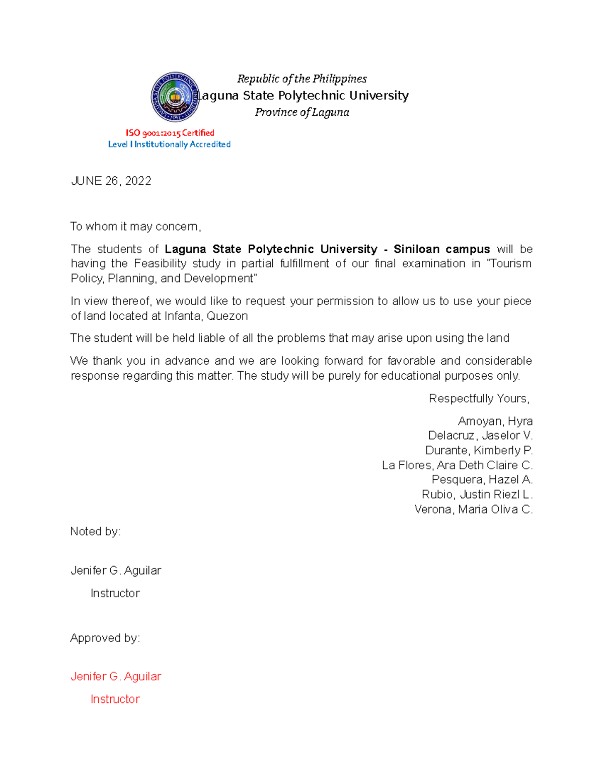 Permission Letter - Republic of the Philippines Laguna State ...