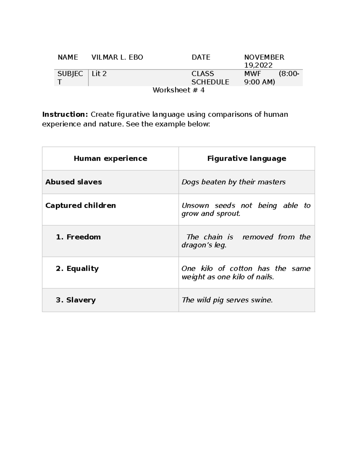 LIT2-Worksheet 4 - Worksheet on LIT 2. - Worksheet # 4 Instruction ...