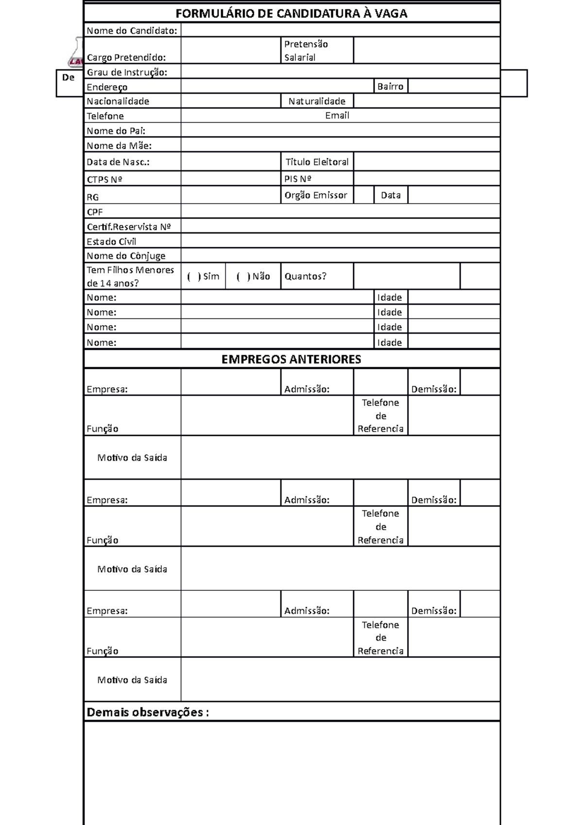 Formulário DE Candidatura À VAGA - De FORMULÁRIO DE CANDIDATURA À VAGA ...