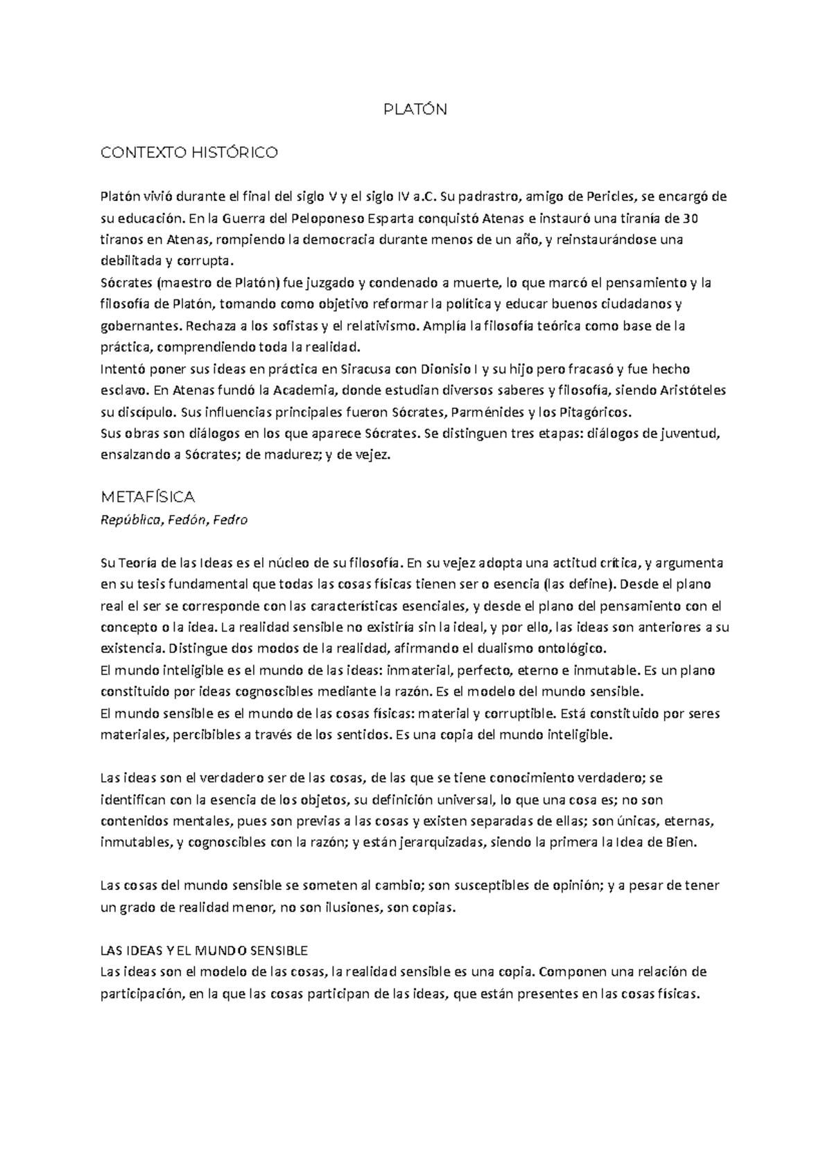 Filosofía 2º Bachillerato - PLATÓN CONTEXTO HISTÓRICO Platón vivió ...