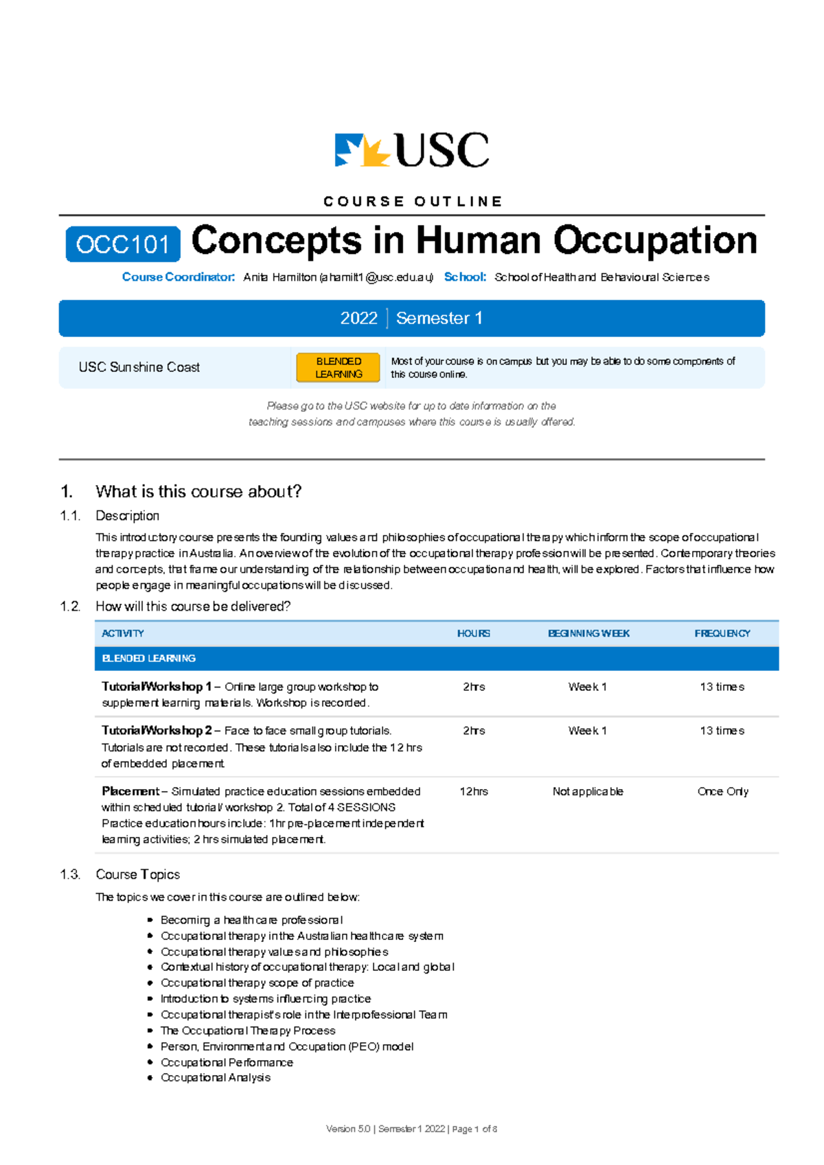 Occ101 course outline semester 1 2022 - C O U R S E O U T L I N E ...