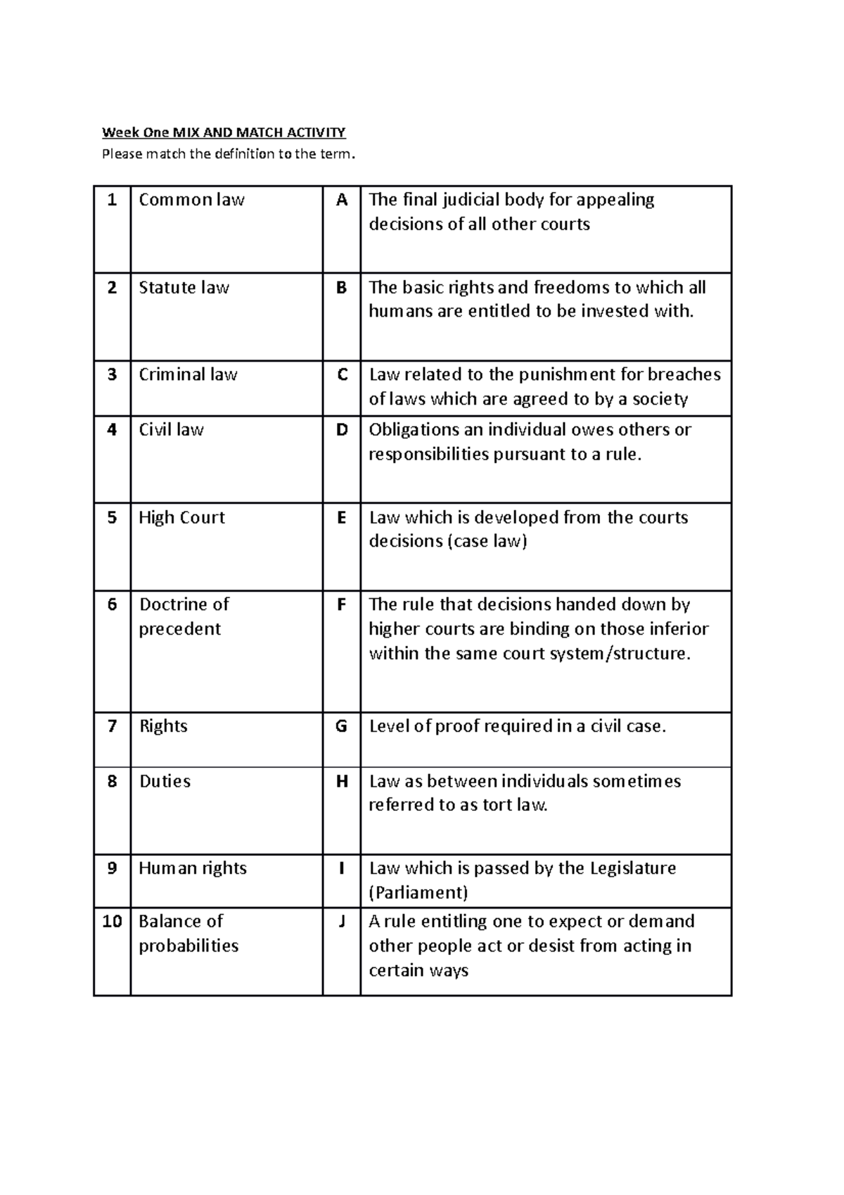 Week One Student COPY MIX AND Match Activity - Week One MIX AND MATCH ...