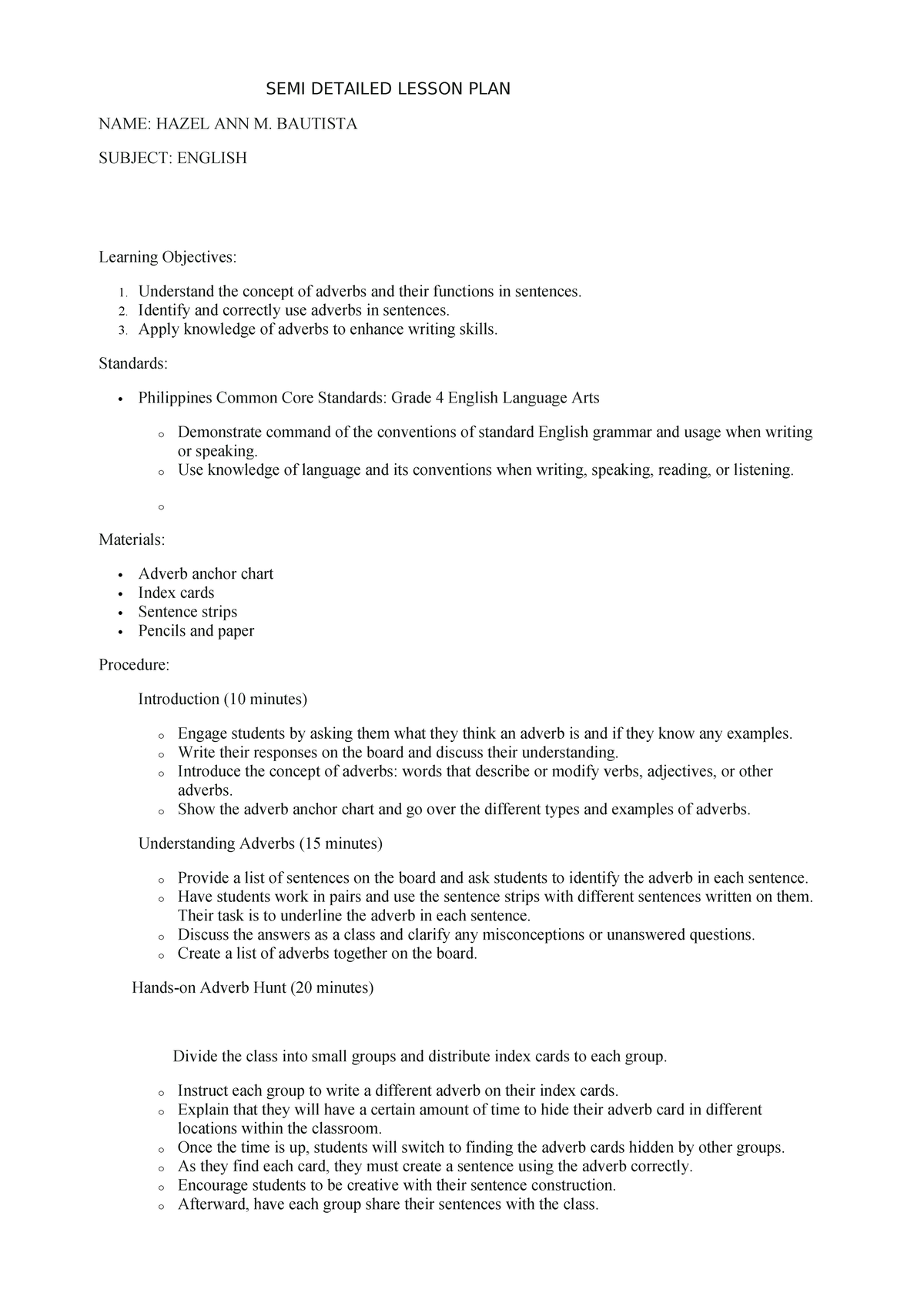 Adverbs lesson plans - Summary L'essenziale di economia - SEMI DETAILED ...