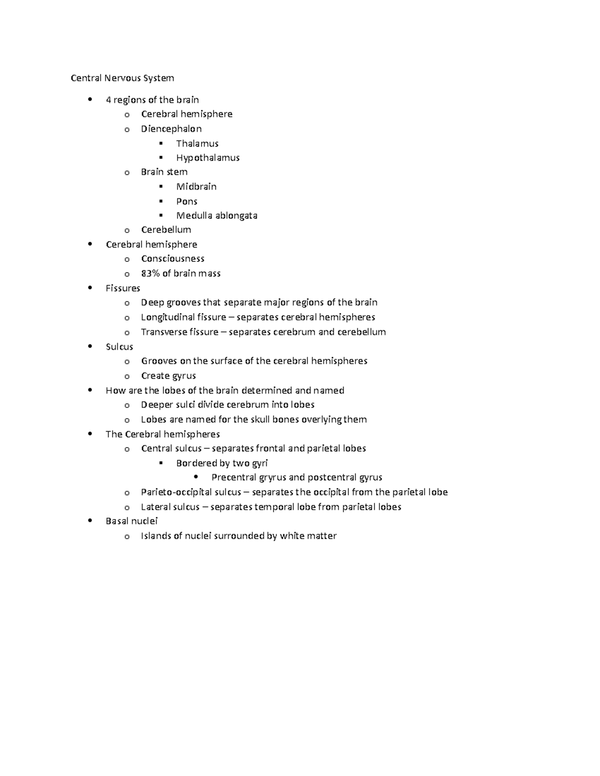 Central Nervous System Notes - Central Nervous System 4 regions of the ...