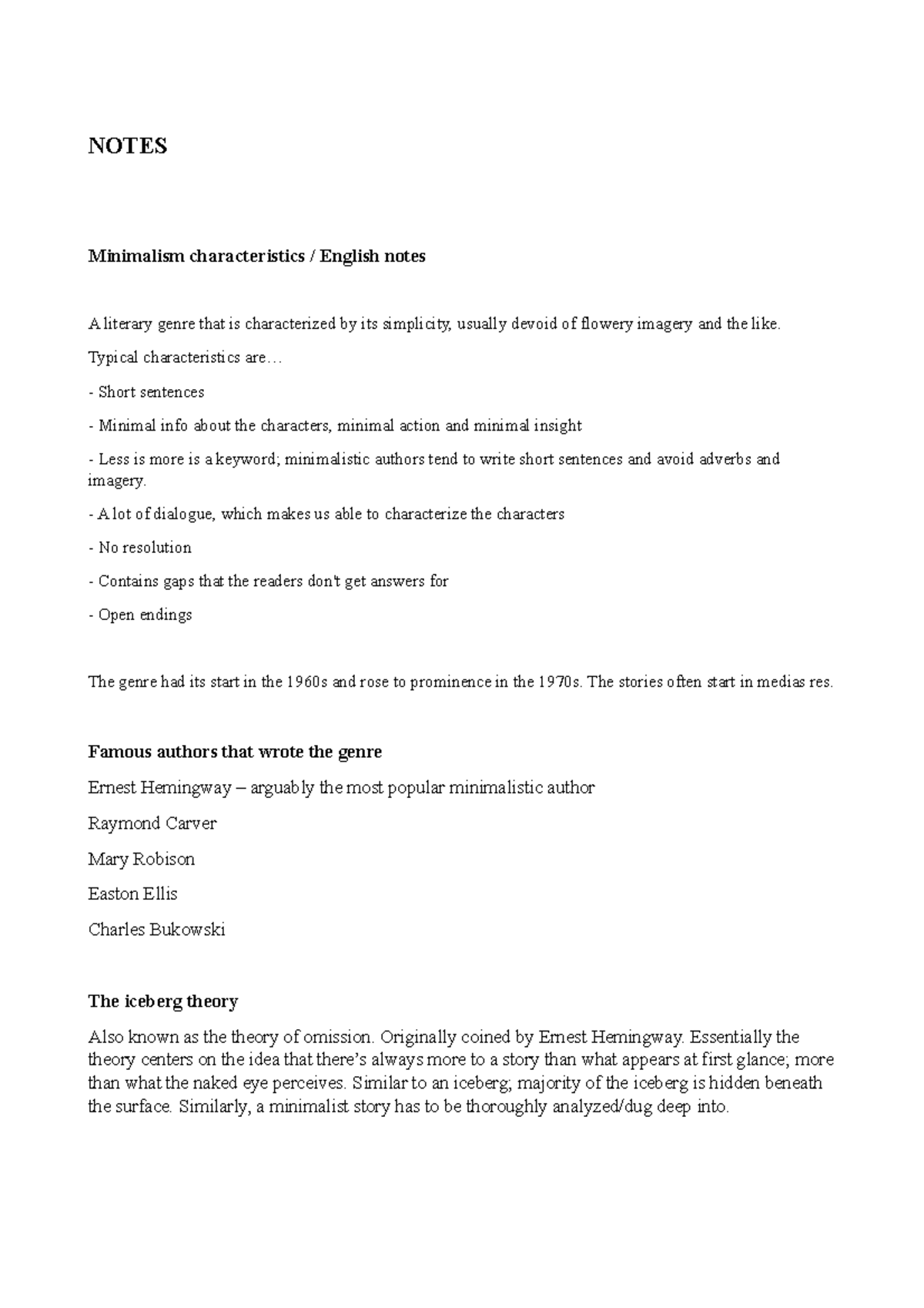 Literary genre: minimalism, english lecture notes 2012 - NOTES ...