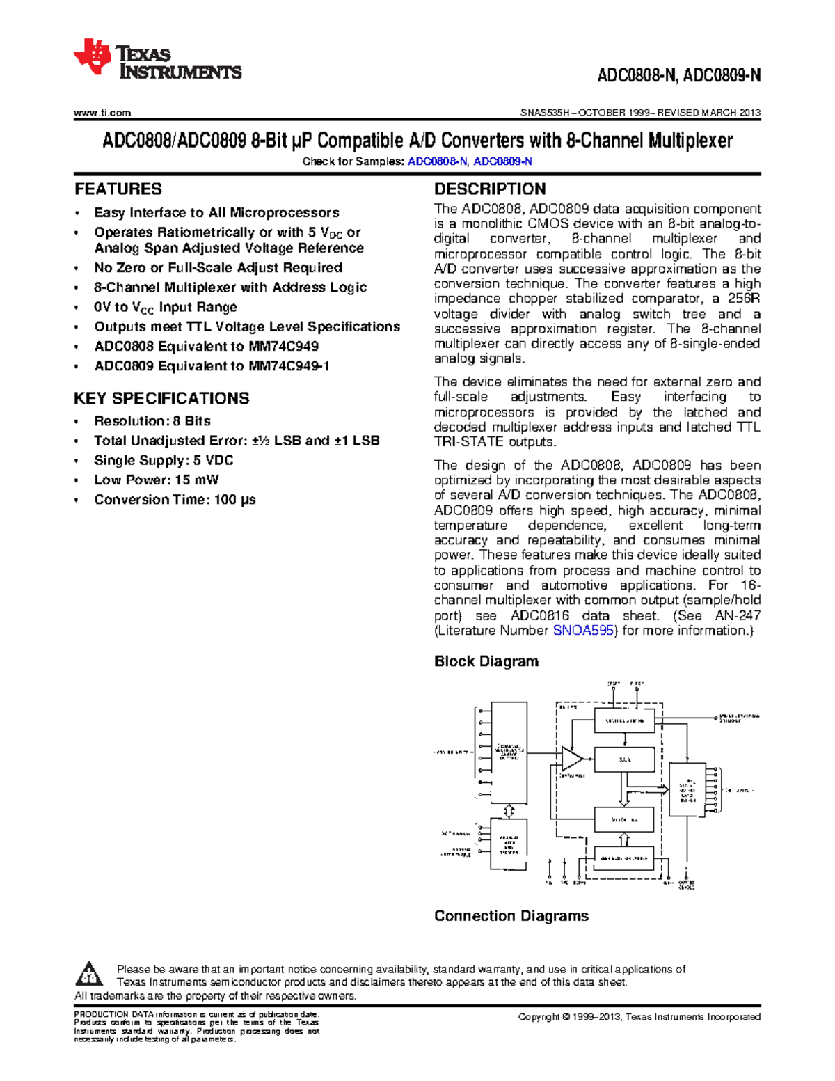 Adc0808 datasheet - ti SNAS535H – OCTOBER 1999 – REVISED MARCH 2013 ...