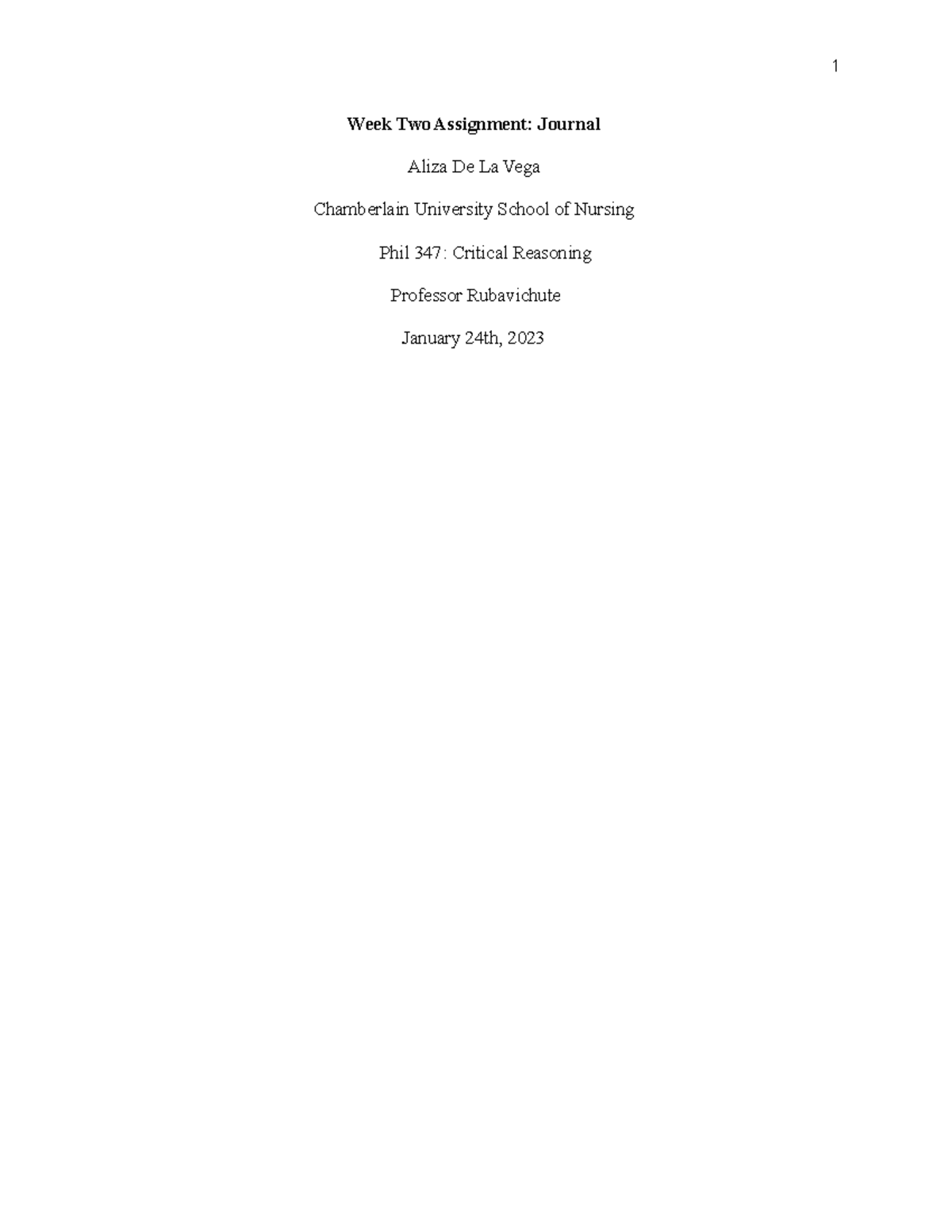 Week Two Assignment Journal - Week Two Assignment: Journal Aliza De La Vega Chamberlain ...