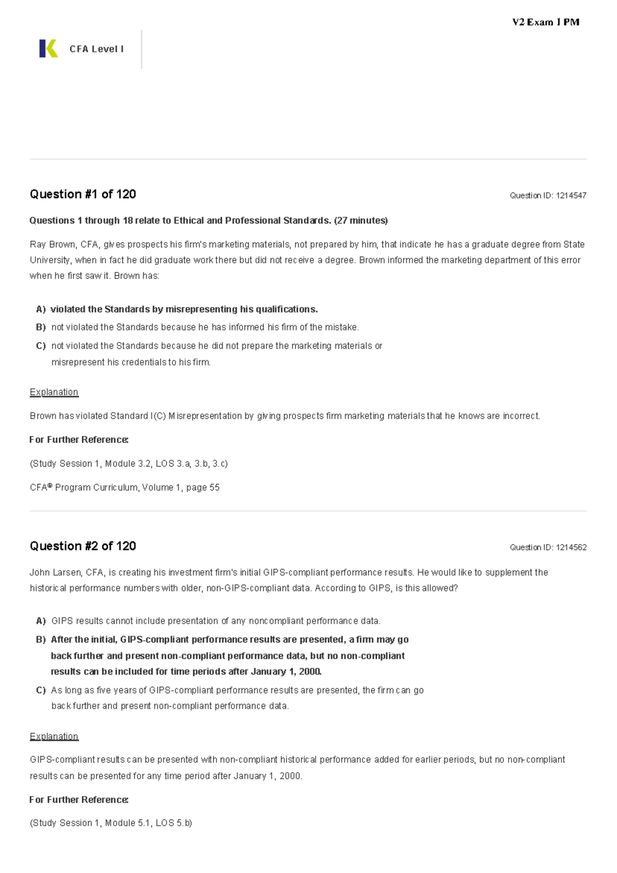 Practice Exam V2 E1 PM with Answers - Question #1 of 120 Question ID ...