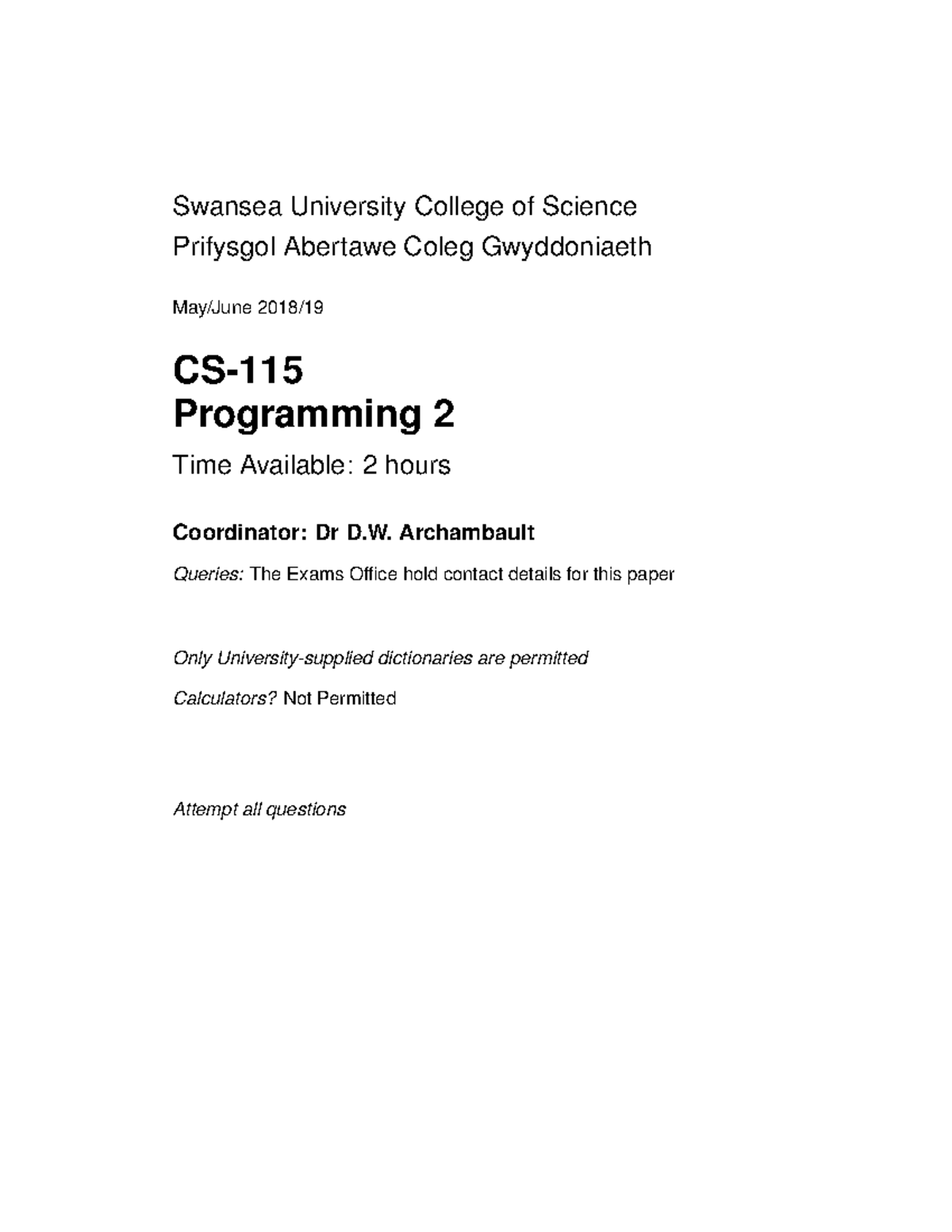 CS-115 1819 - Previous Year Questions - Swansea University College of Science Prifysgol Abertawe ...