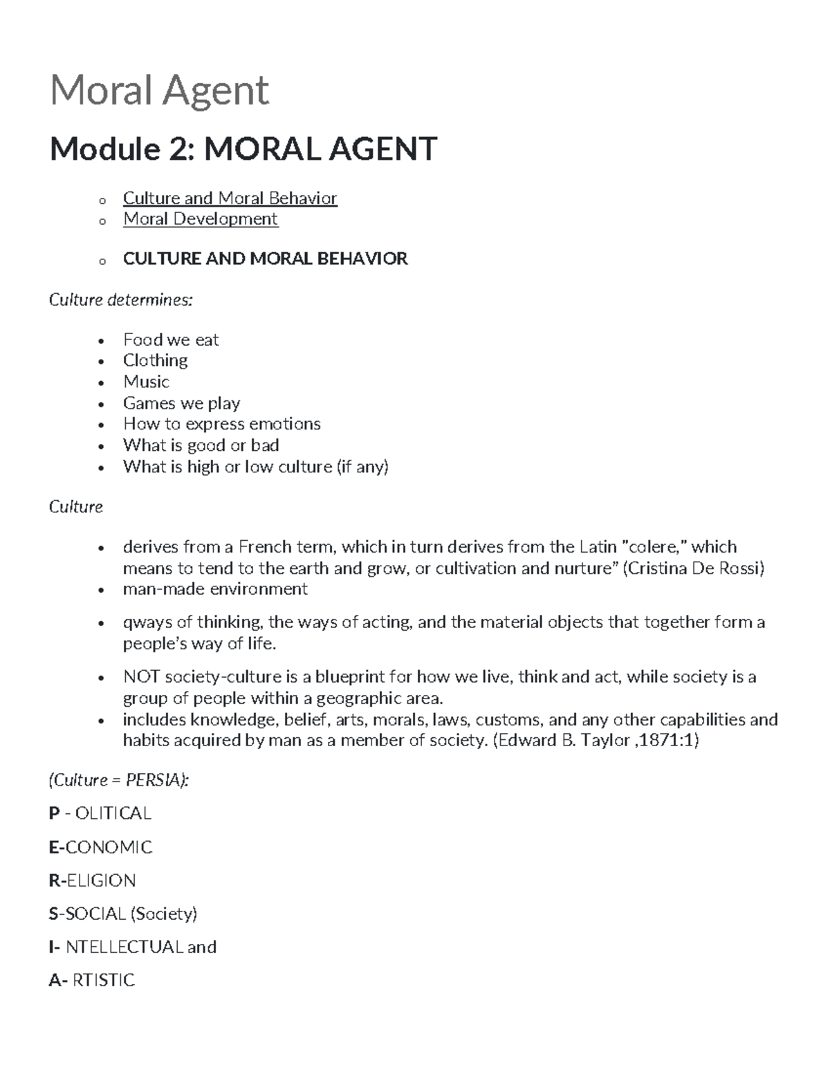 Moral Agent - Moral Agent Module 2: MORAL AGENT o Culture and Moral ...
