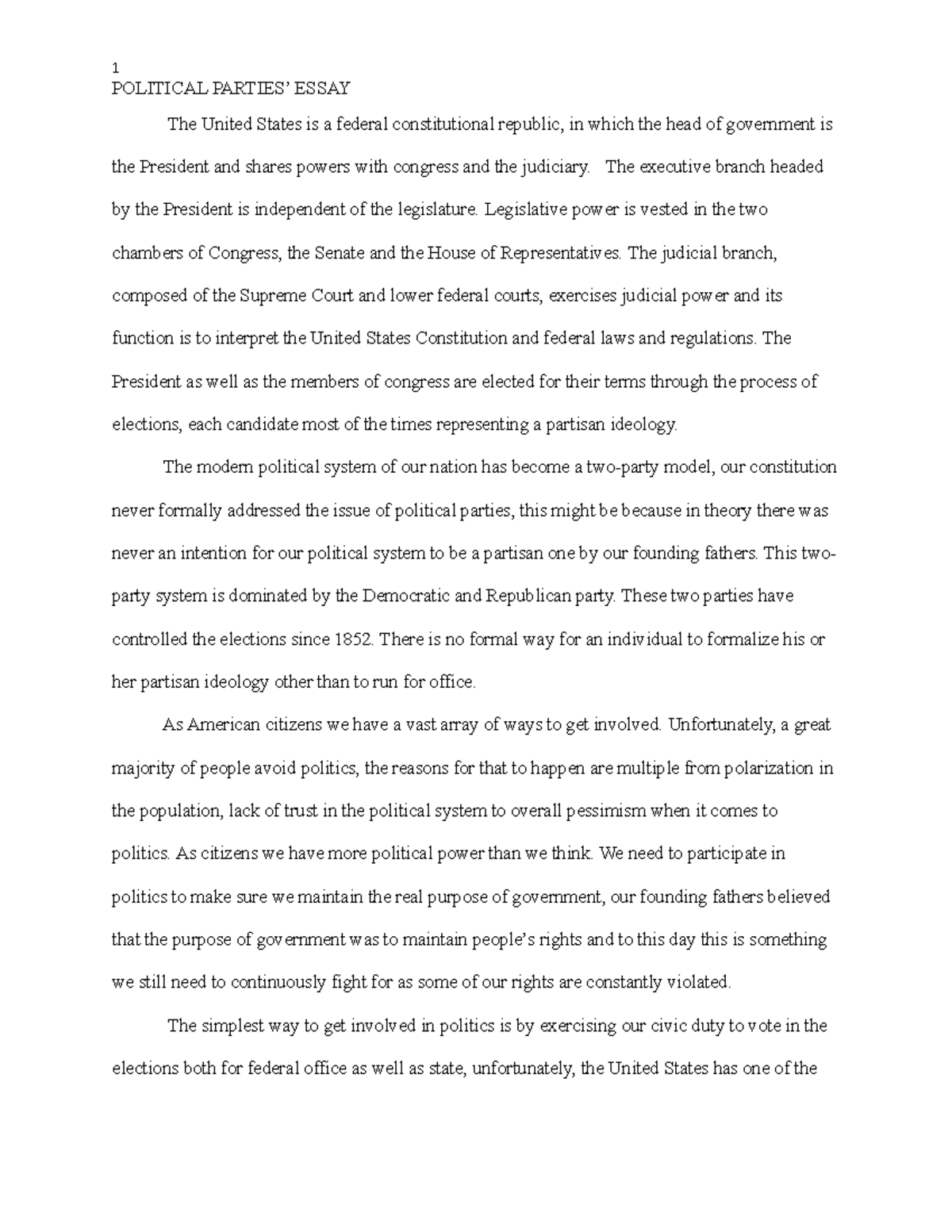 Political Parties Essay - POLITICAL PARTIES’ ESSAY The United States is ...