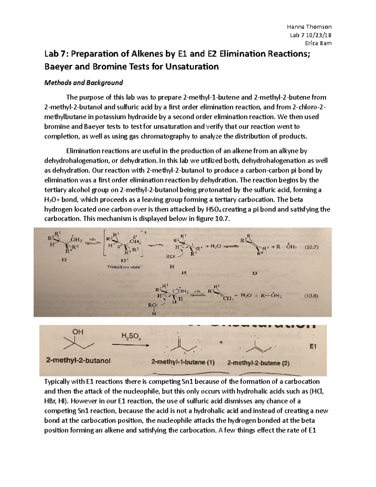 Organic Chem Lab 7: Preparation Alkenes E1 And E2 Rxns Unsaturation ...