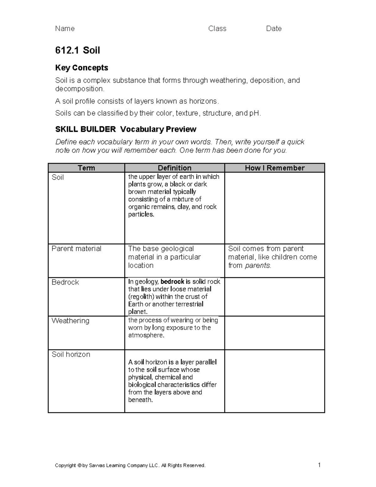 ENV21 12 01 Wkbk Lesson - n - 6 12 Soil Key Concepts Soil is a complex ...