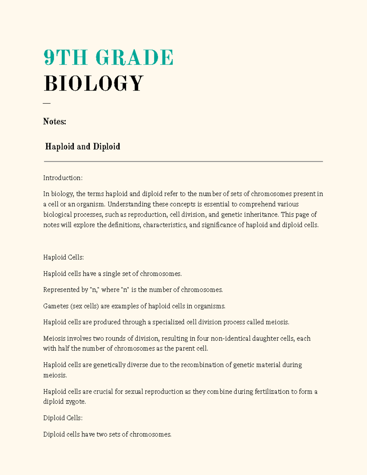 Haploid and Diploid - 9TH GRADE BIOLOGY ___ Notes: Haploid and Diploid ...