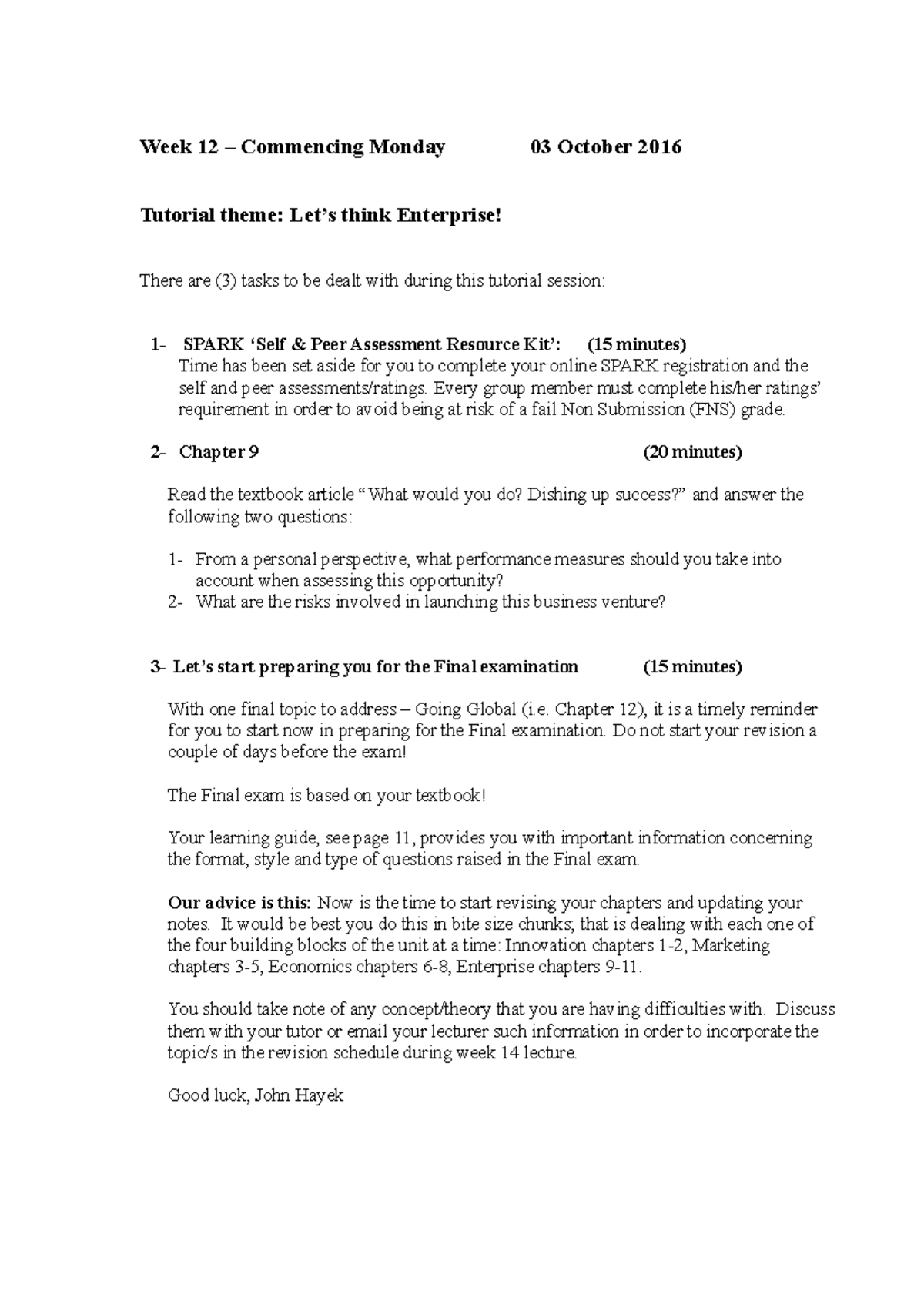 Tutorial 12 - work - Week 12 – Commencing Monday 03 October 2016 ...