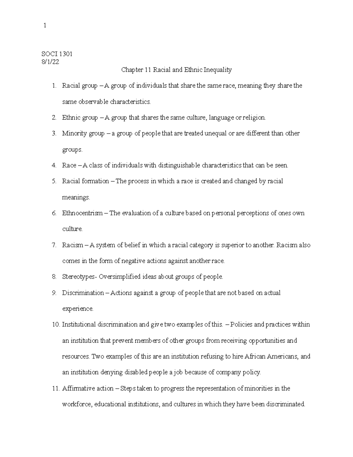 SOCI 1301 Chapter 11 Assignment - 1 SOCI 1301 8/1/ Chapter 11 Racial and Ethnic Inequality ...