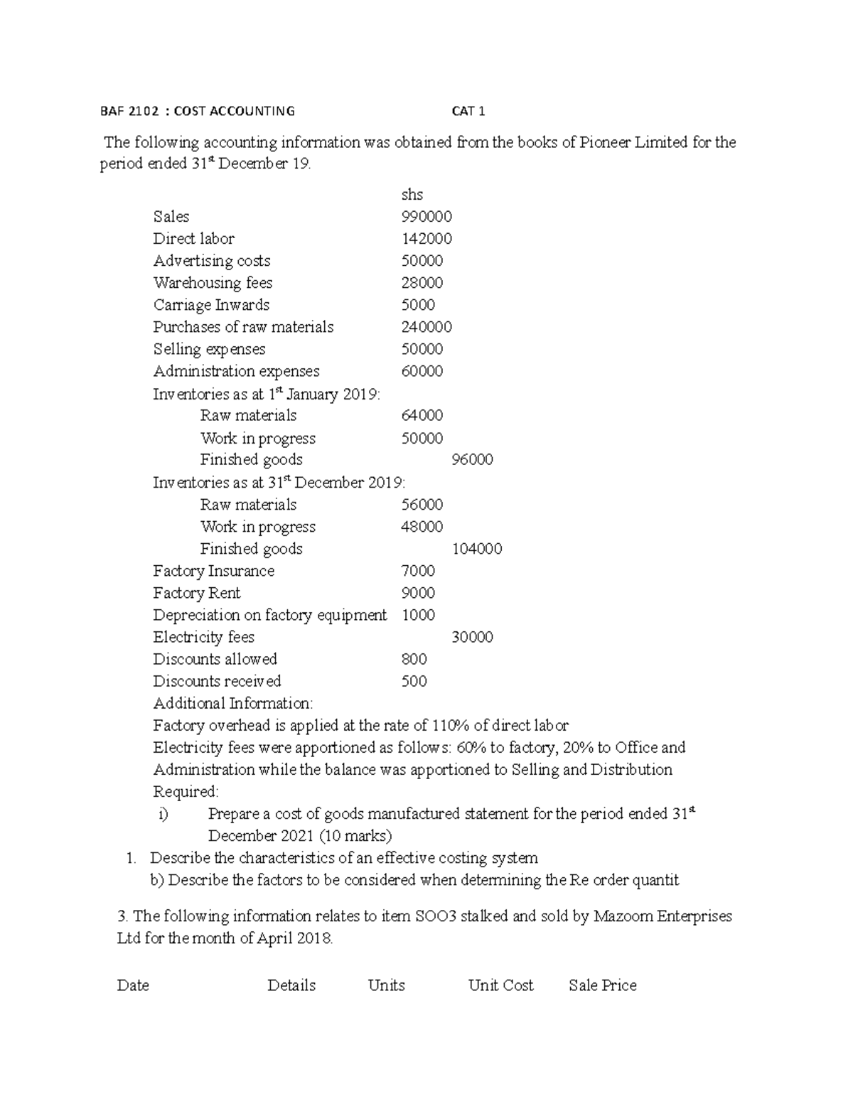 BAF2102 Virtual CAT - CAT - BAF 2102 : COST ACCOUNTING CAT 1 The ...