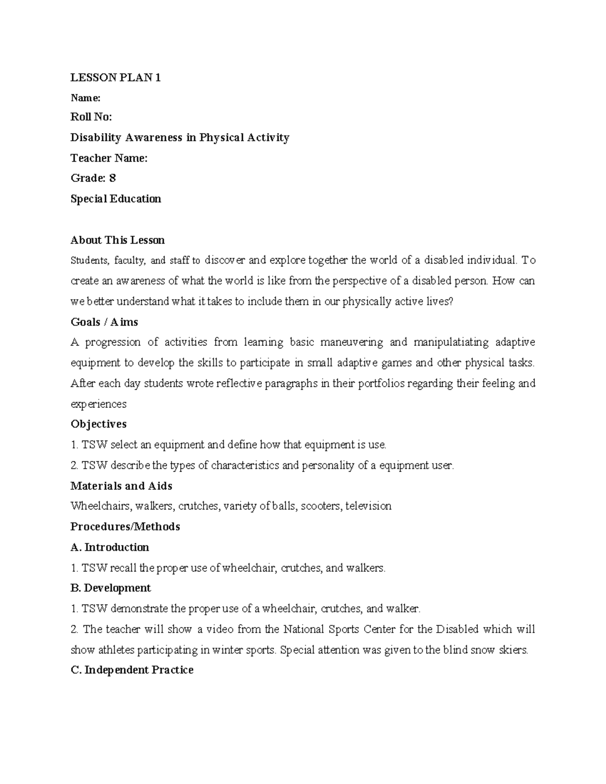 40 Lesson Plan (Eng, Sci, PS) 3600+-1 - LESSON PLAN 1 Name: Roll No ...