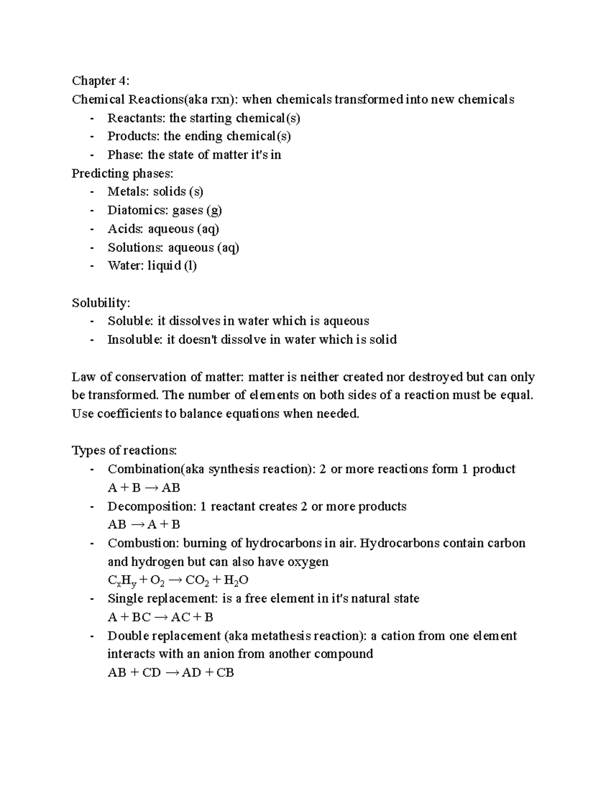 CH4 Notes 1 - Chapter 4: Chemical Reactions(aka rxn): when chemicals ...