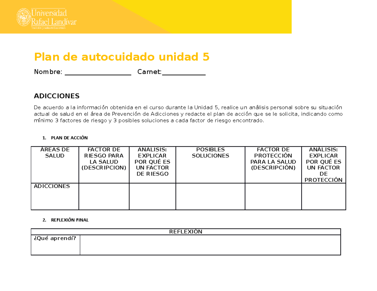 Plan de autocuidado unidad 5 - 1. PLAN DE ACCIÓN ÁREAS DE SALUD FACTOR ...