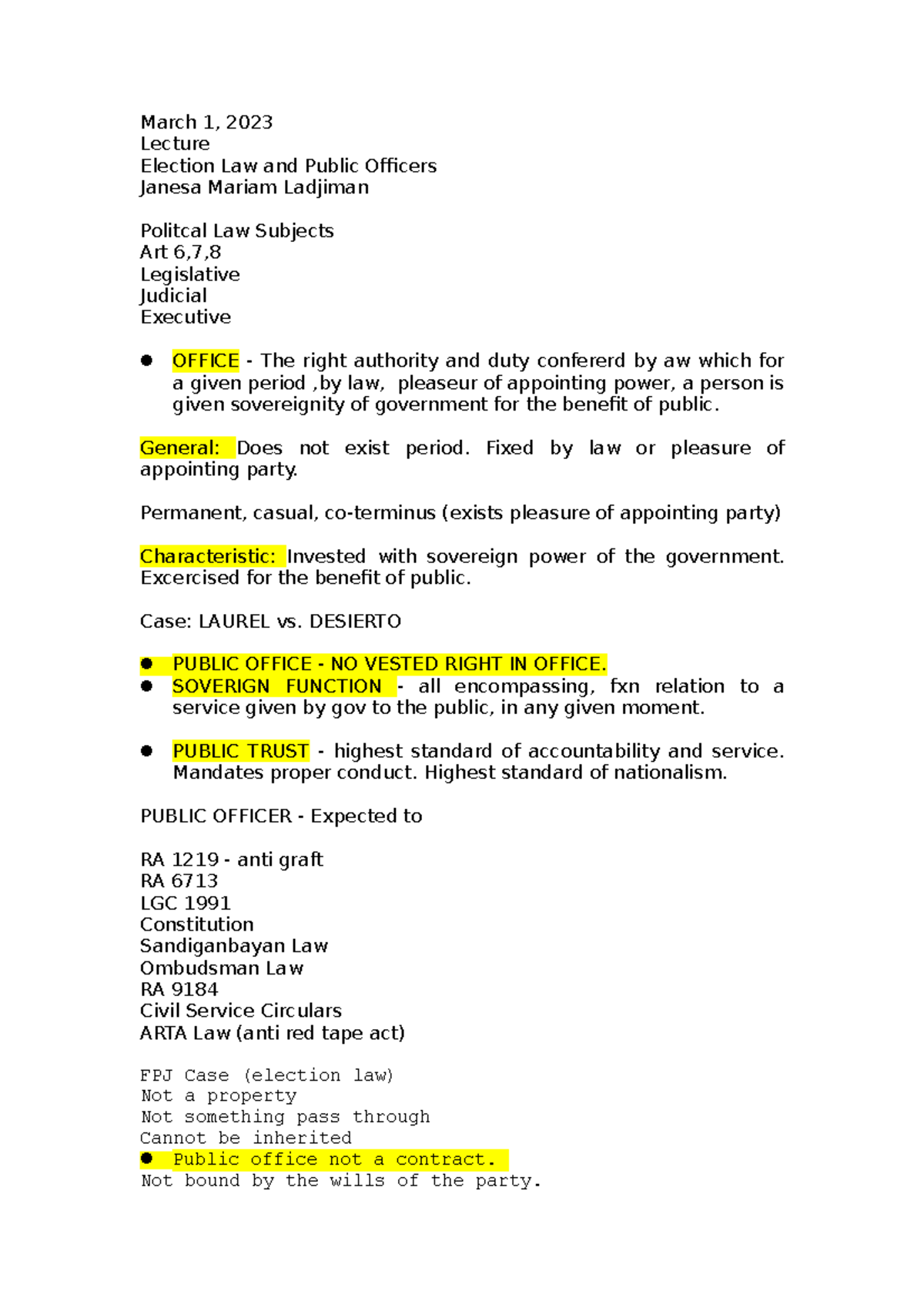 March 1, 2023 - Lecture - Election Law Notes -Public Officers - March 1 ...