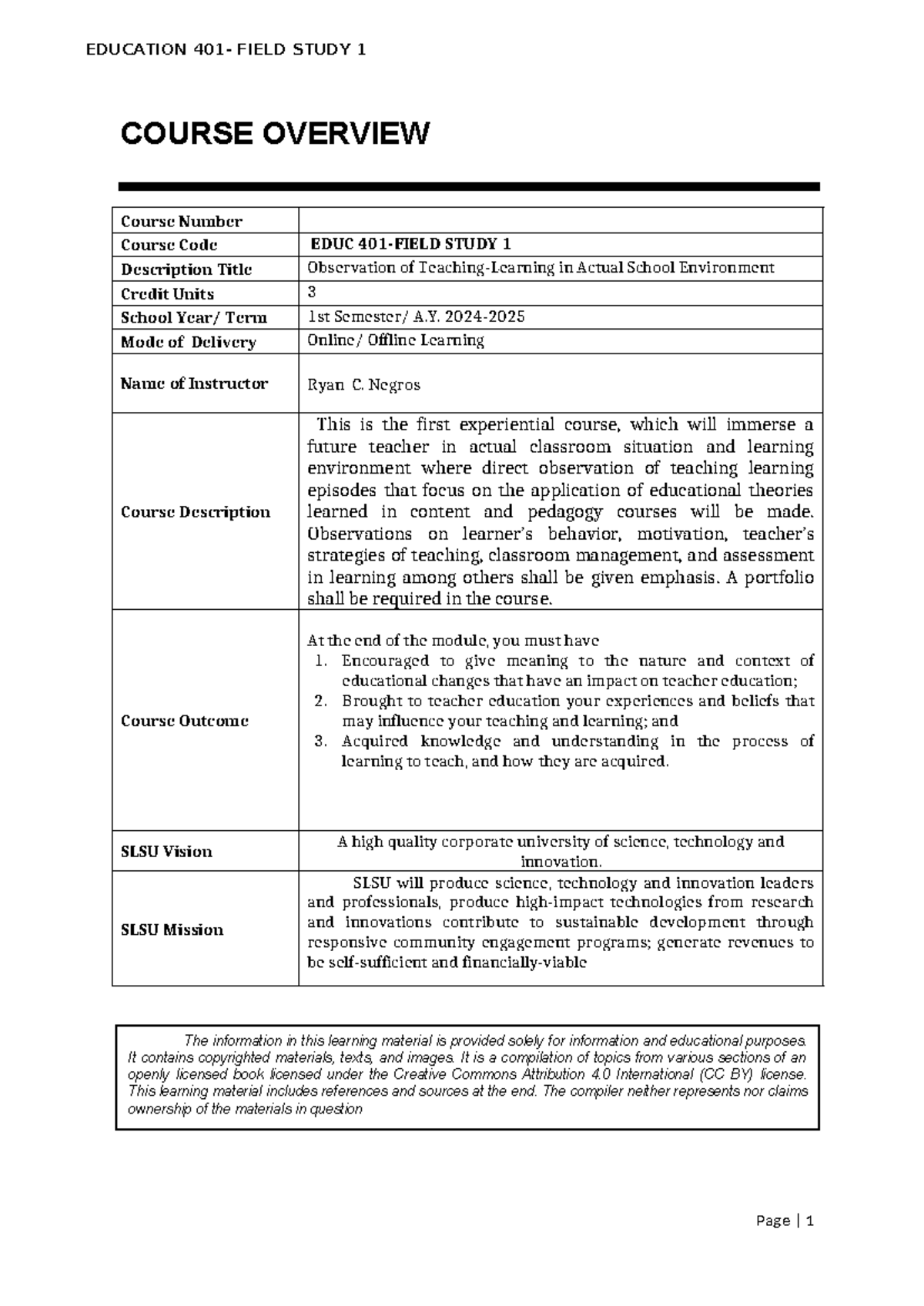 FS 1 Episode 1-4 - COURSE OVERVIEW Course Number Course Code EDUC 401 ...