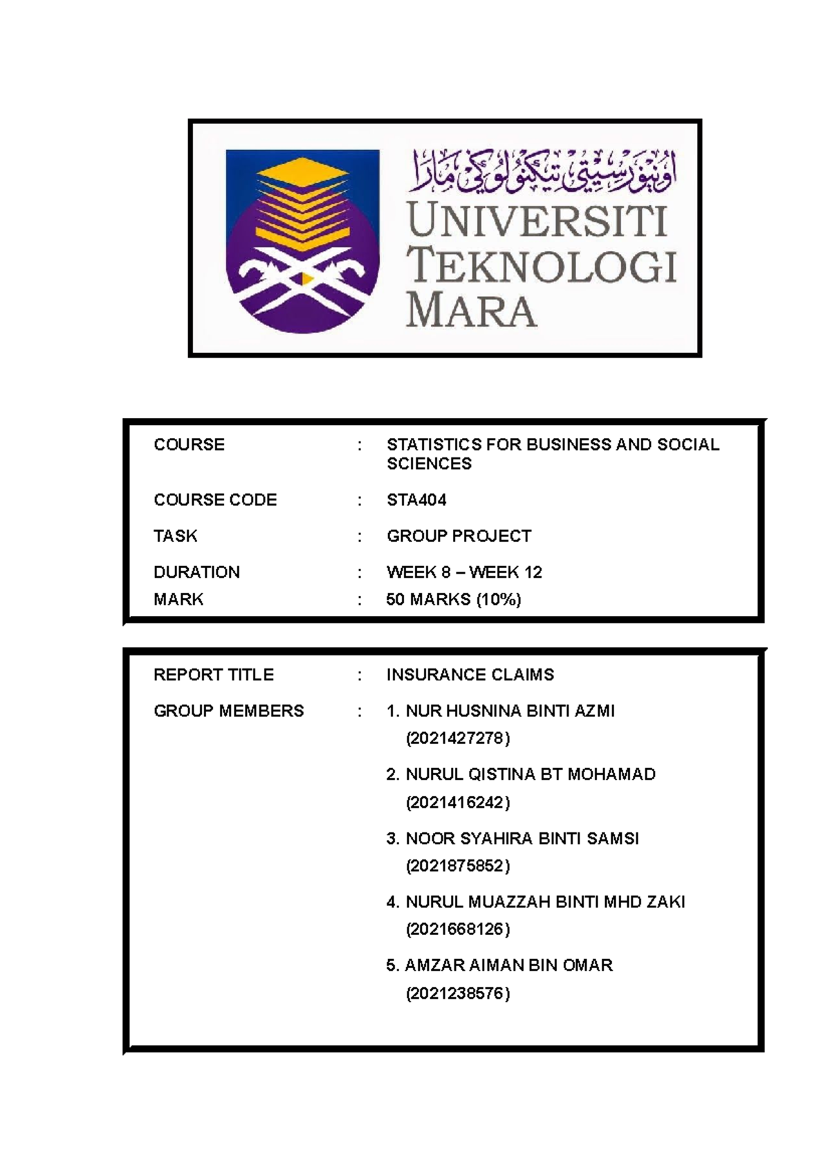 Group Project STA404 Group 2 - COURSE : STATISTICS FOR BUSINESS AND SOCIAL SCIENCES COURSE CODE ...