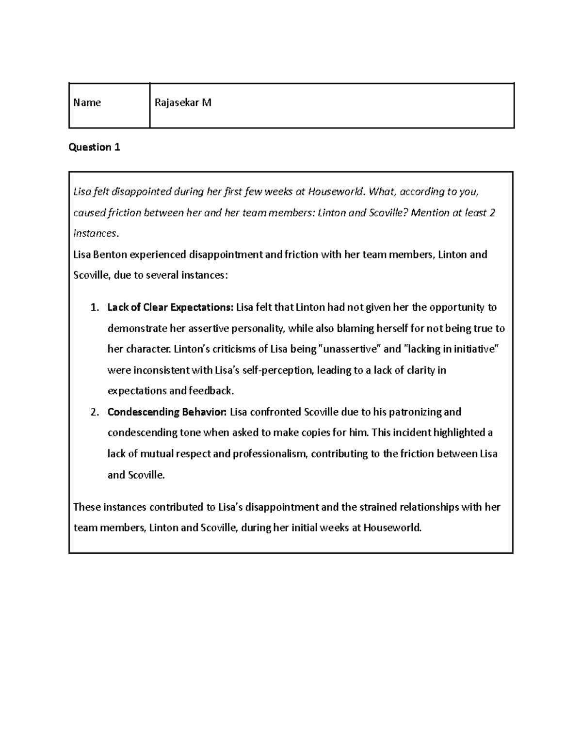 IMT Lisa Benton Rajasekar M - Name Rajasekar M Question 1 Lisa felt ...