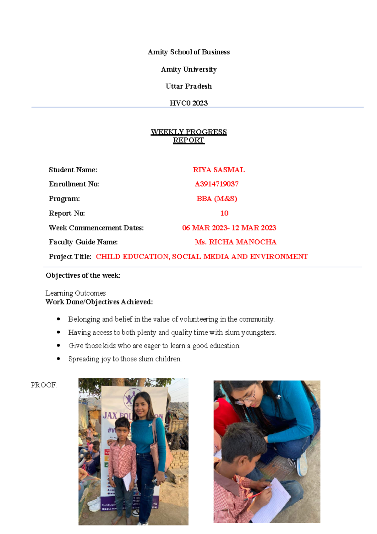 WPR2 HVCO - work progress report - Amity School of Business Amity University Uttar Pradesh HVC0 ...