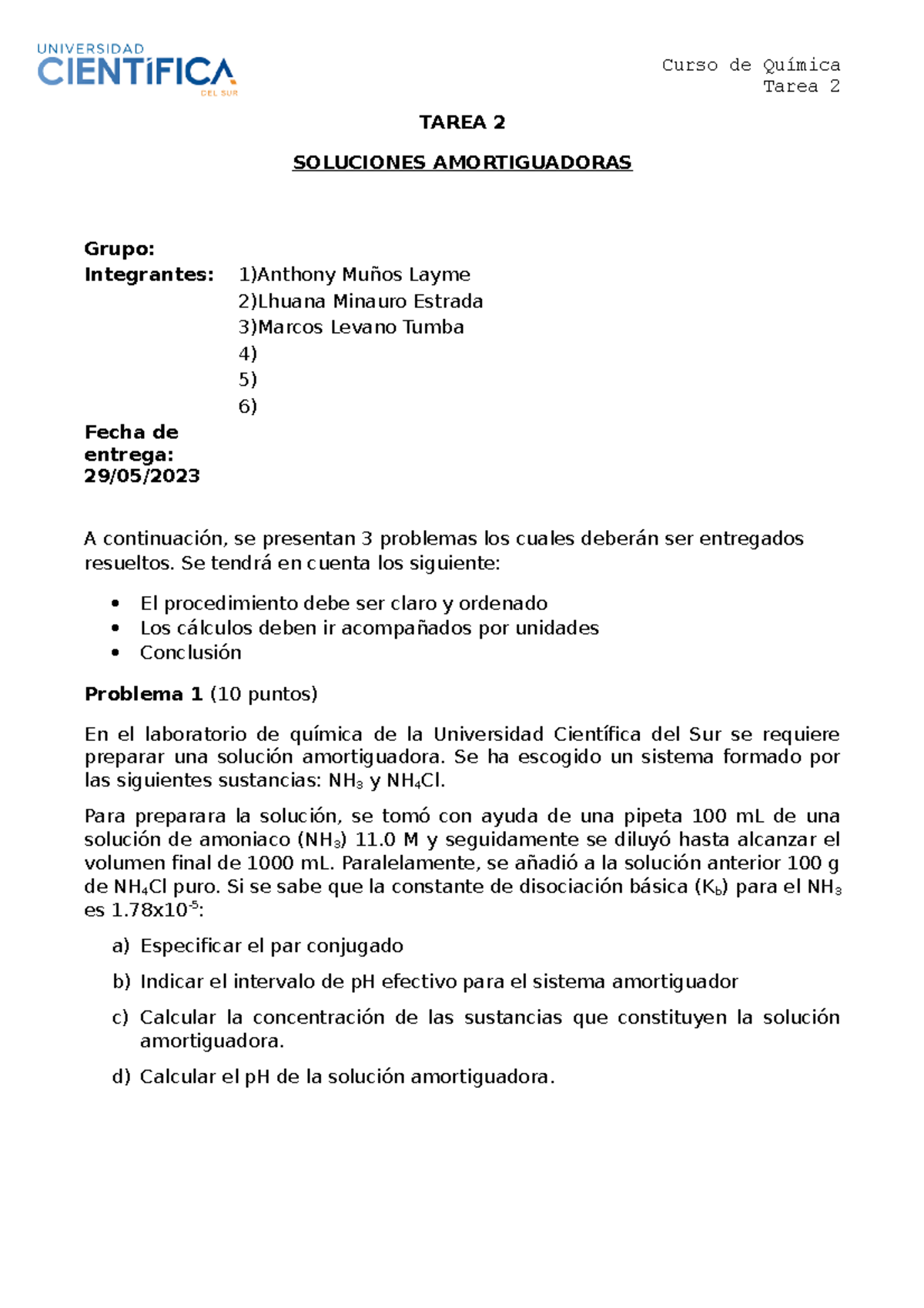 Tarea 2 - p H y soluciones amortiguadoras - Tarea 2 TAREA 2 SOLUCIONES AMORTIGUADORAS Grupo ...