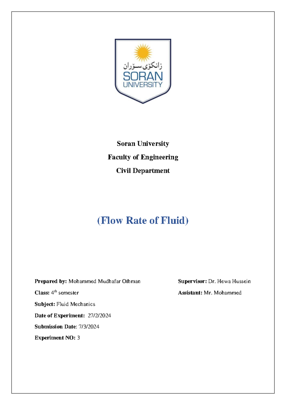Fluid report 3 - Soran University Faculty of Engineering Civil ...